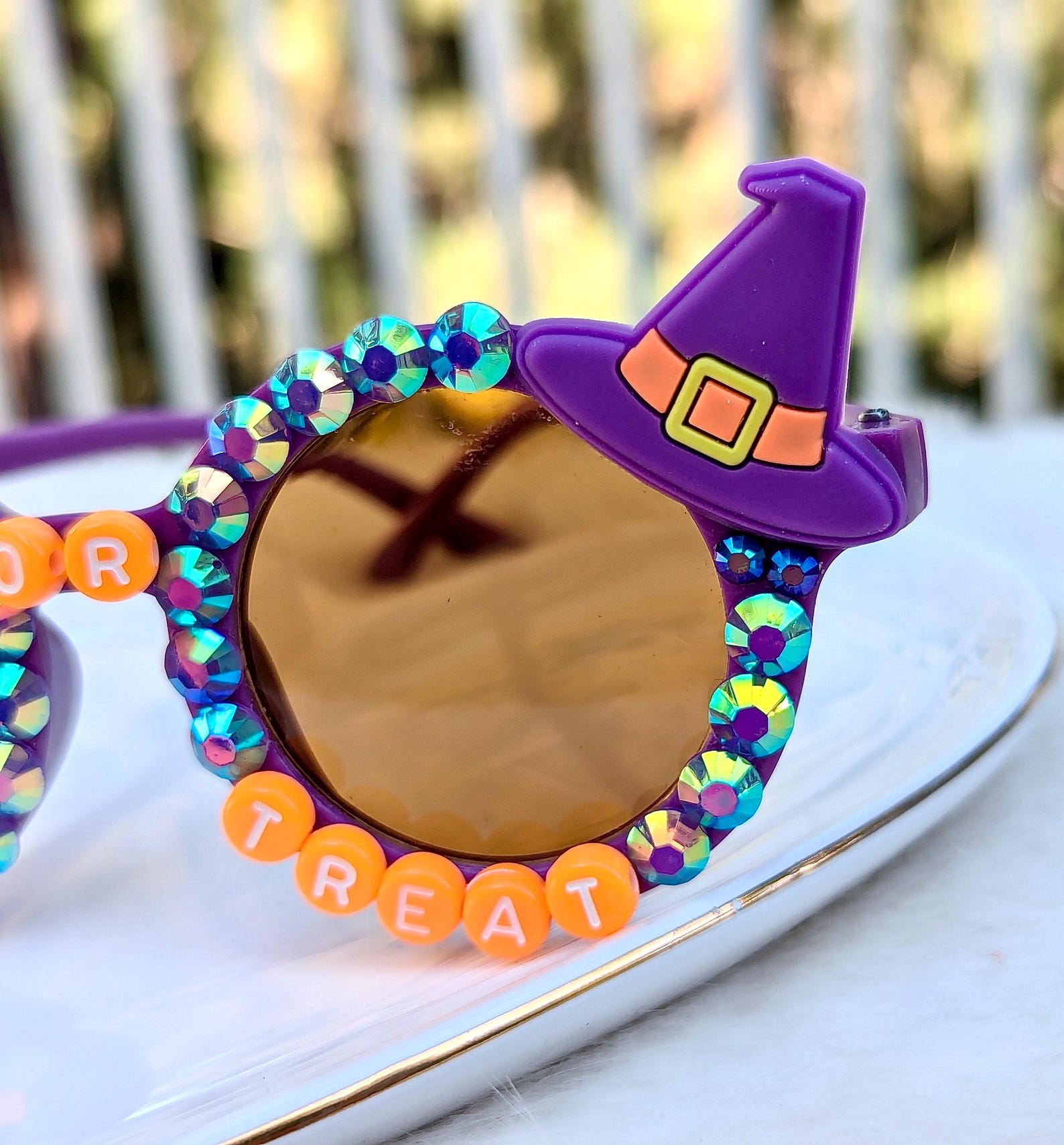 PURPLE ORANGE WITCH Hat Halloween Sunglasses, Yellow Skull Crossbone ...