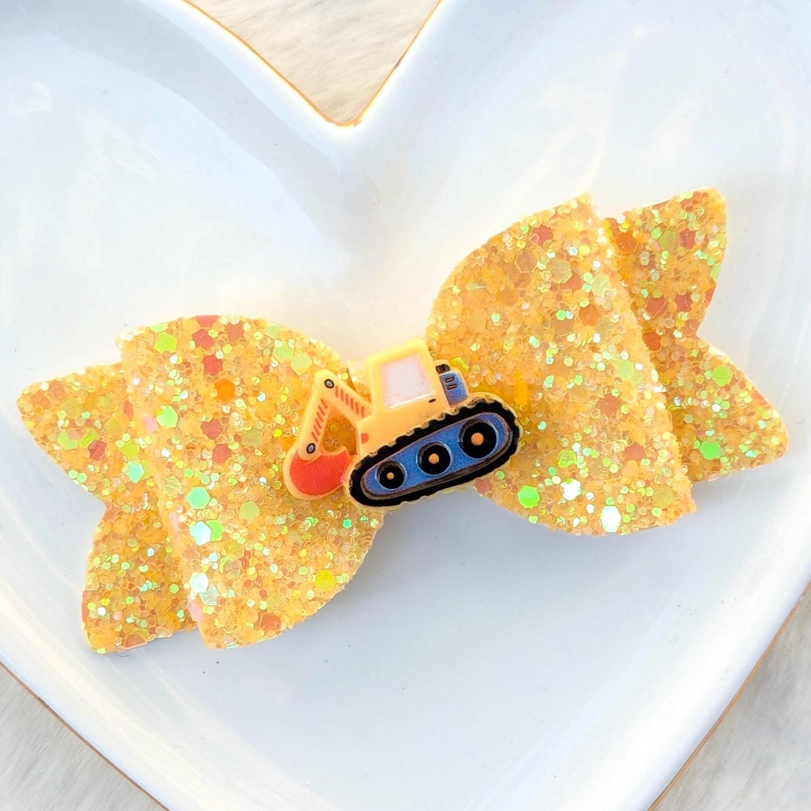 YELLOW EXCAVATOR DIGGER Glitter Bow, Black White Construction Vehicle ...