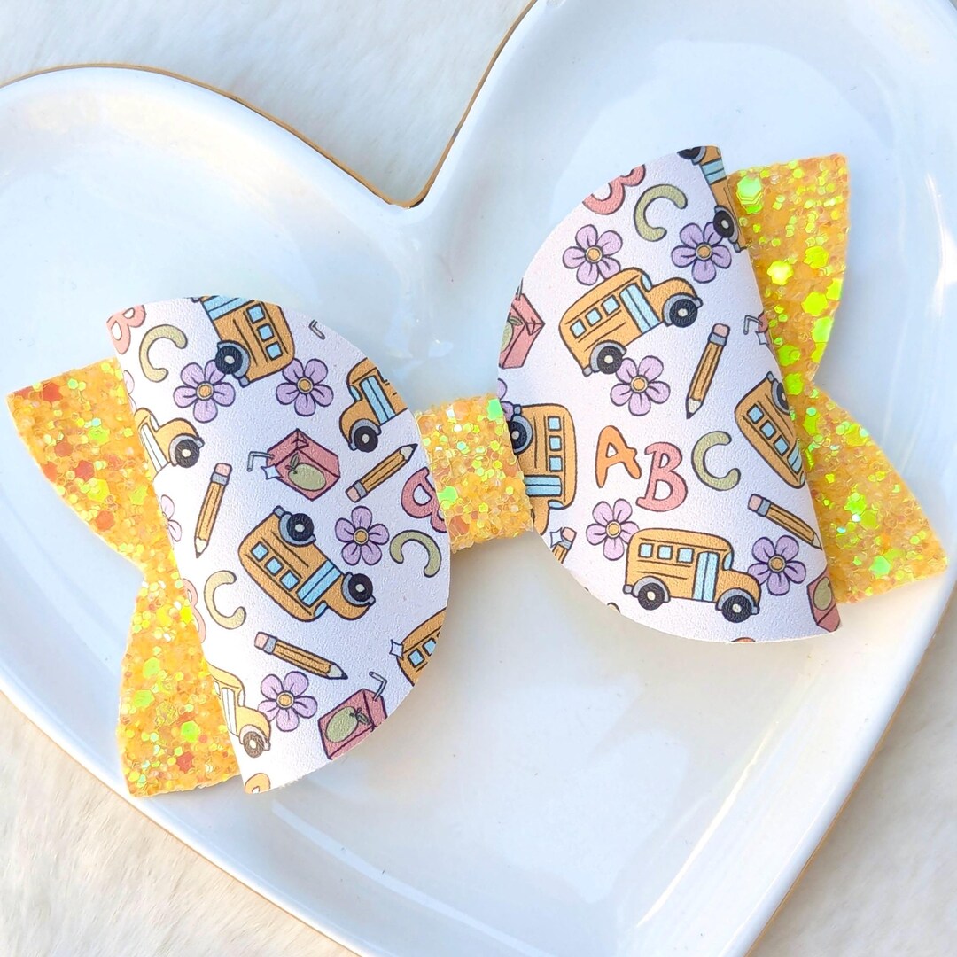 YELLOW SCHOOL BUS Glitter Bow, First Day Back to School Supply Hair ...