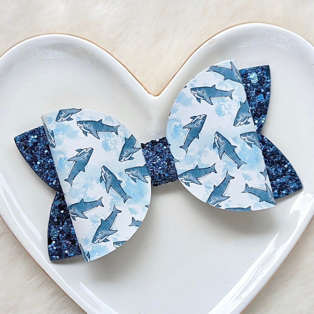 BLUE TIGER SHARK Bow, Great White Fish Hair Clip, Marine Mammal Glitter ...