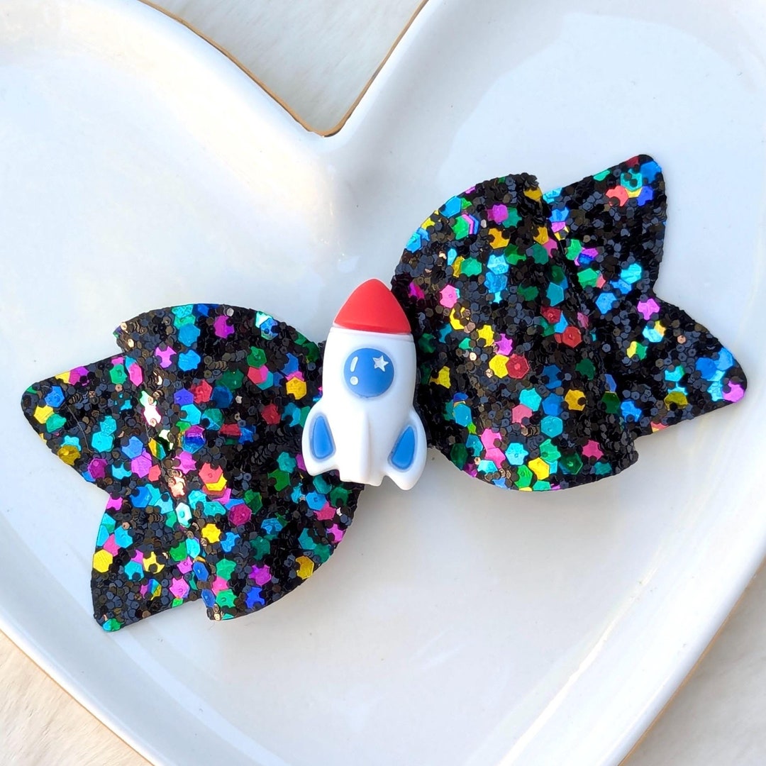SPACE SHUTTLE BOW, Rocket Ship Black Glitter Barrette, Outer Space ...