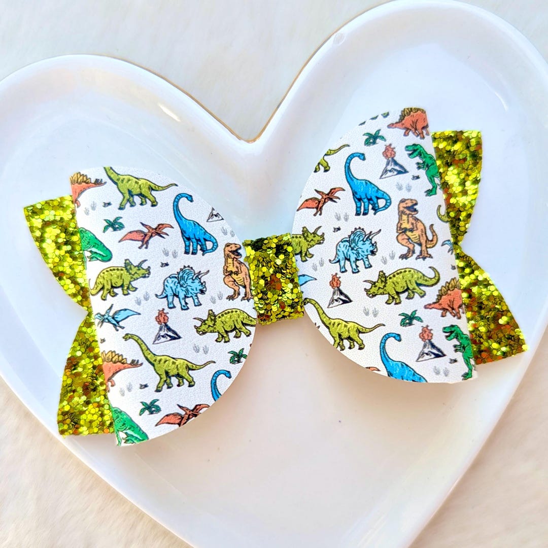 NEON GREEN DINOSAUR Glitter Bow, Bright Blue T-rex Dino Hair Clip ...