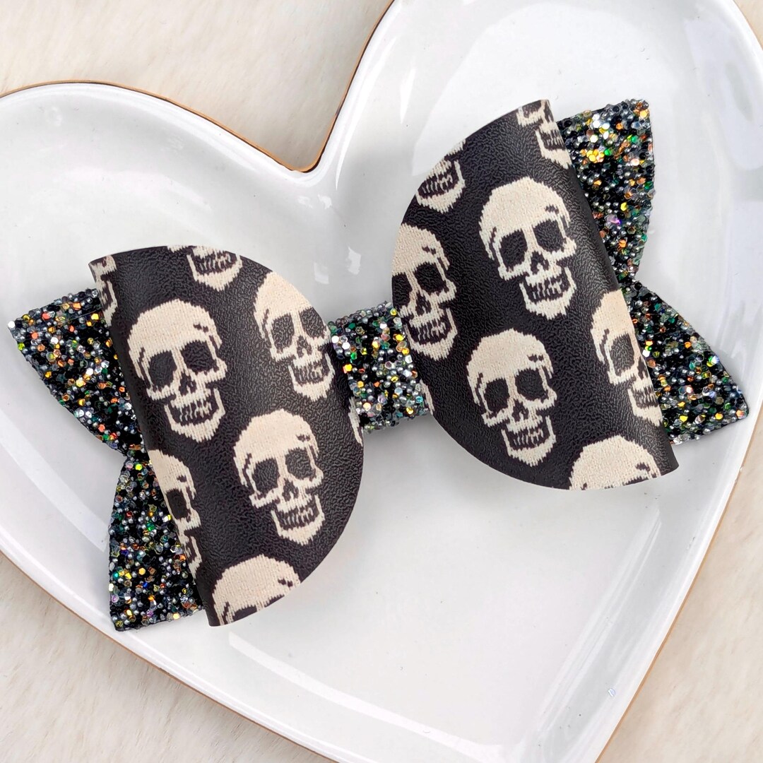 BLACK & WHITE SKULL Glitter Bow, Green Glow in Dark Hair Clip, Spooky ...