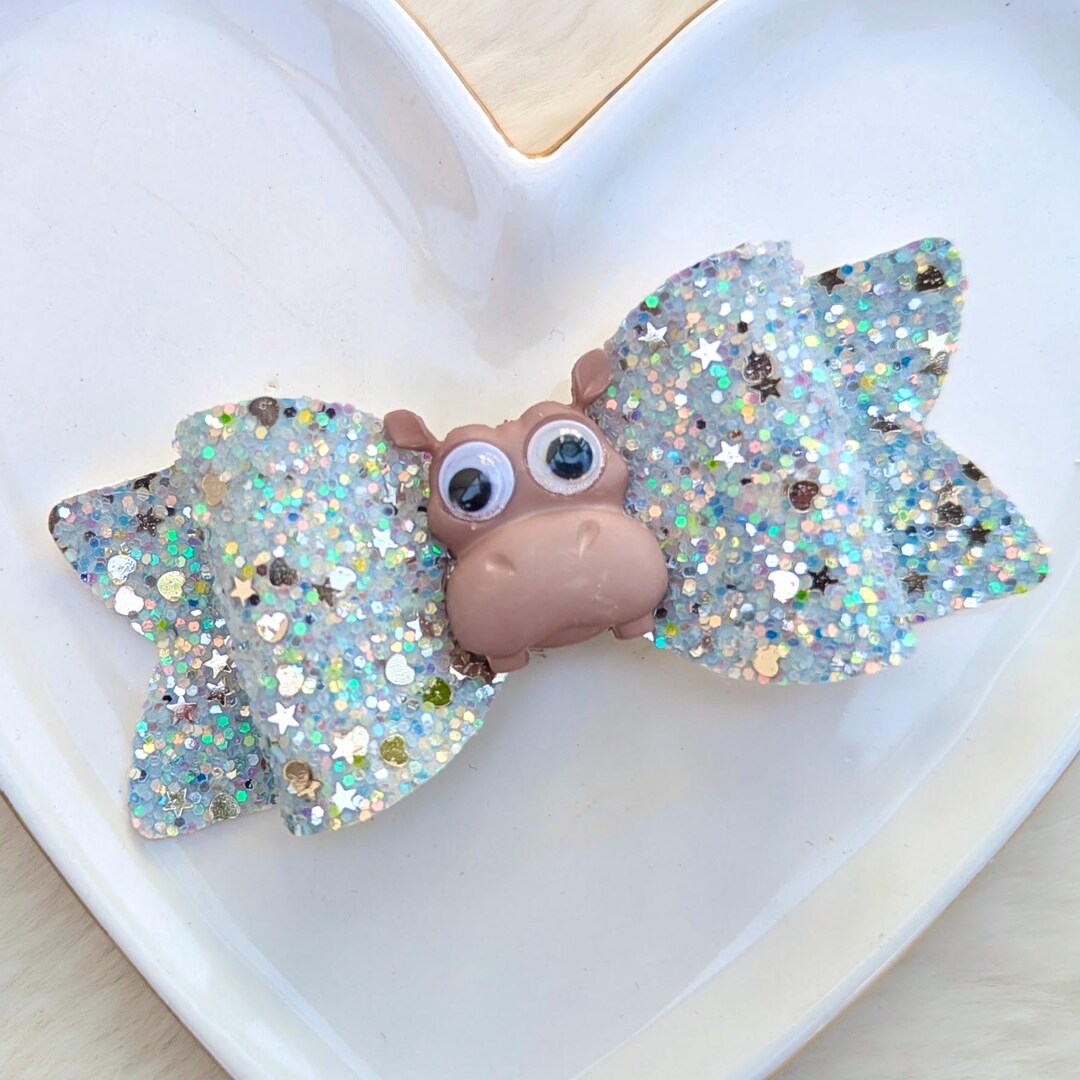 GRAY HIPPO HIPPOPOTAMUS Glitter Bow, Large Safari Animal Hair Clip ...