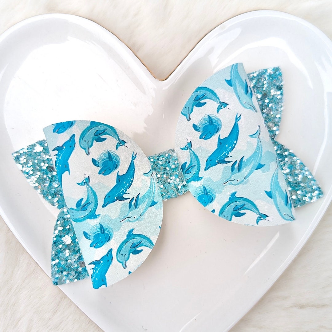 BLUE DOLPHIN GLITTER Bow, Light Turquoise Porpoise Hair Clip, Sparkly Water Barrette, Marine ...