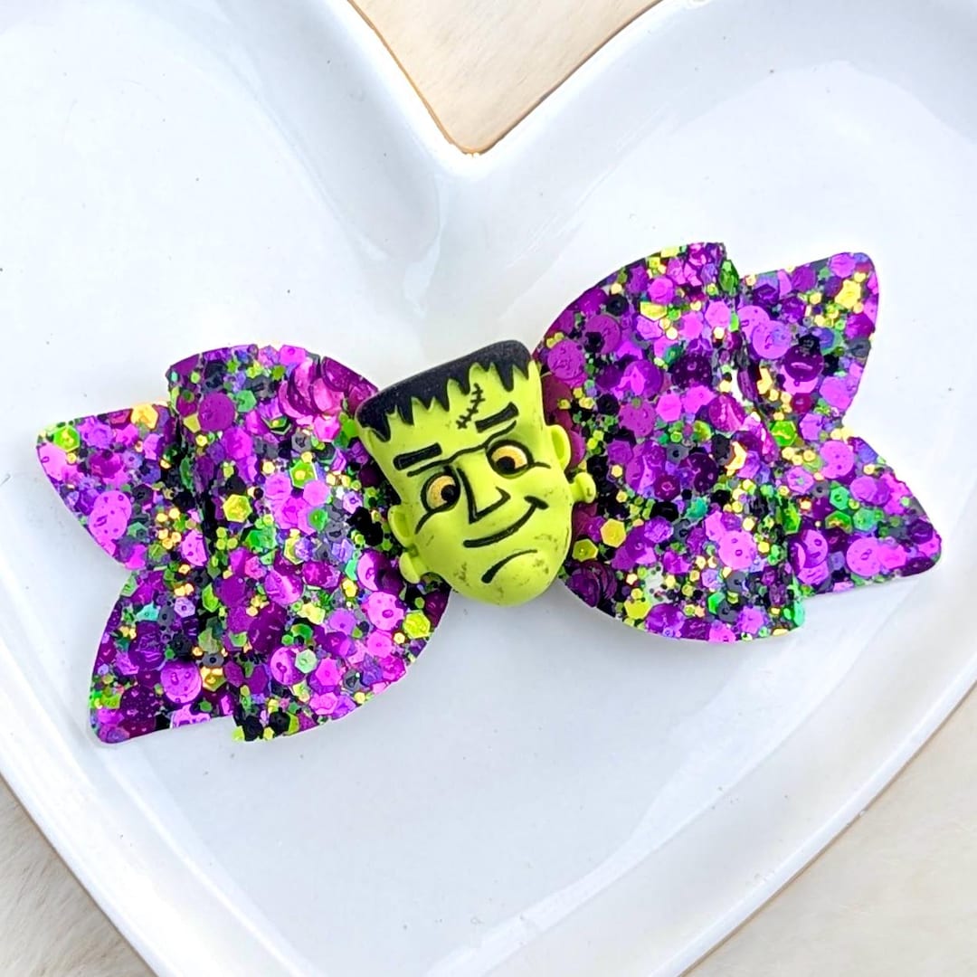 GREEN FRANKENSTEIN MONSTER Glitter Bow, Black Purple Creature Hair Clip ...