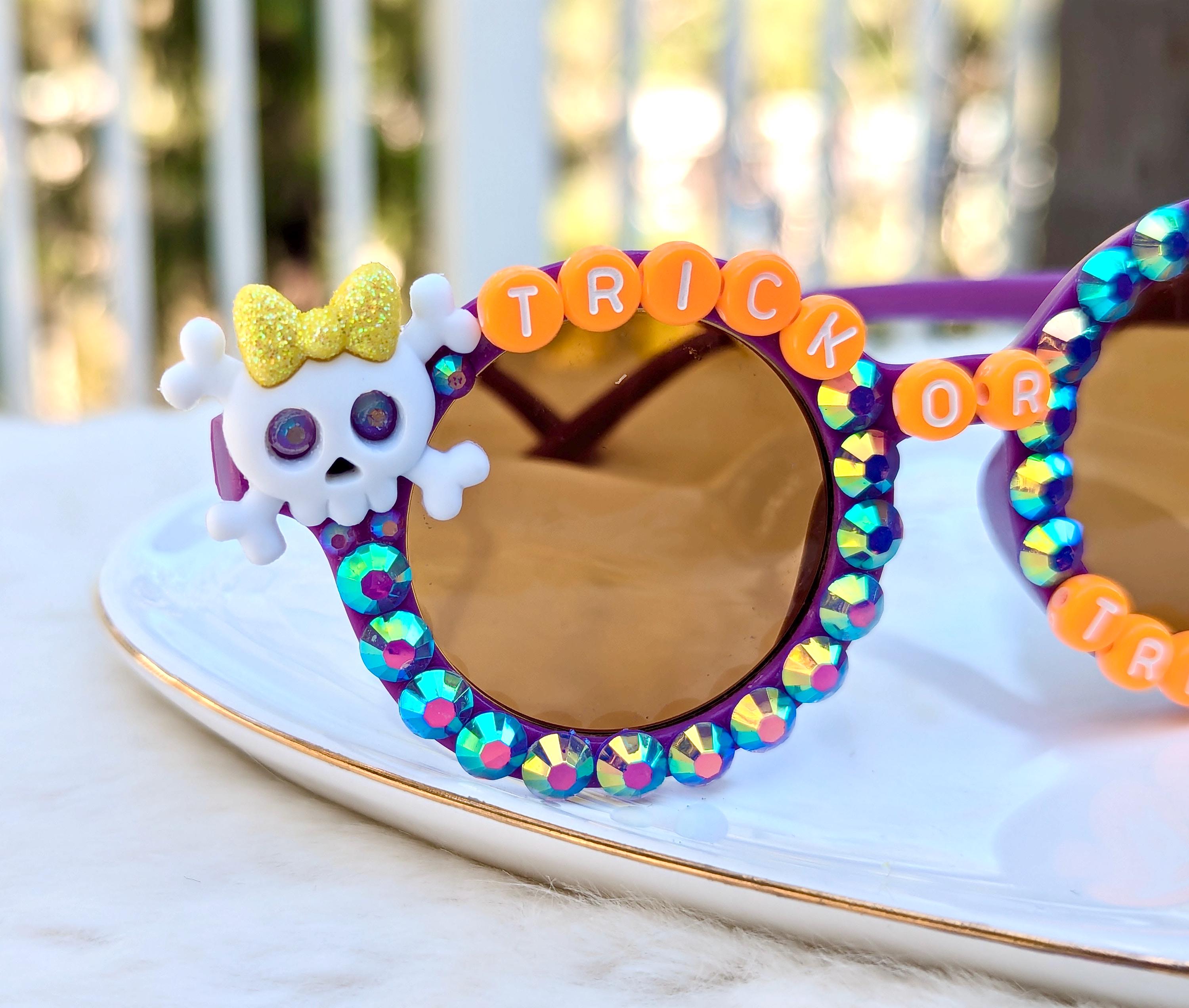 PURPLE ORANGE WITCH Hat Halloween Sunglasses, Yellow Skull Crossbone ...
