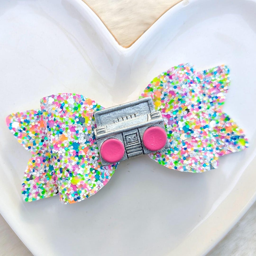RETRO BOOMBOX RADIO Glitter Bow, Neon Rainbow Music Blaster Hair Clip ...