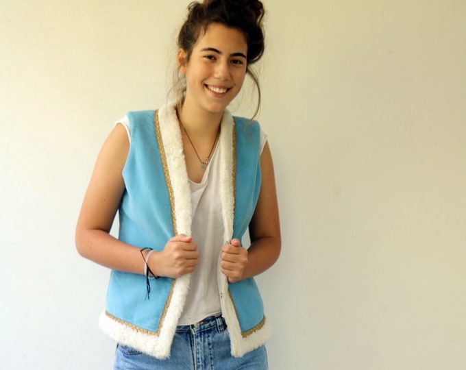 70's Vest, Vintage 1970s Boho Hippy Blue Suede Faux Vest // S - Etsy