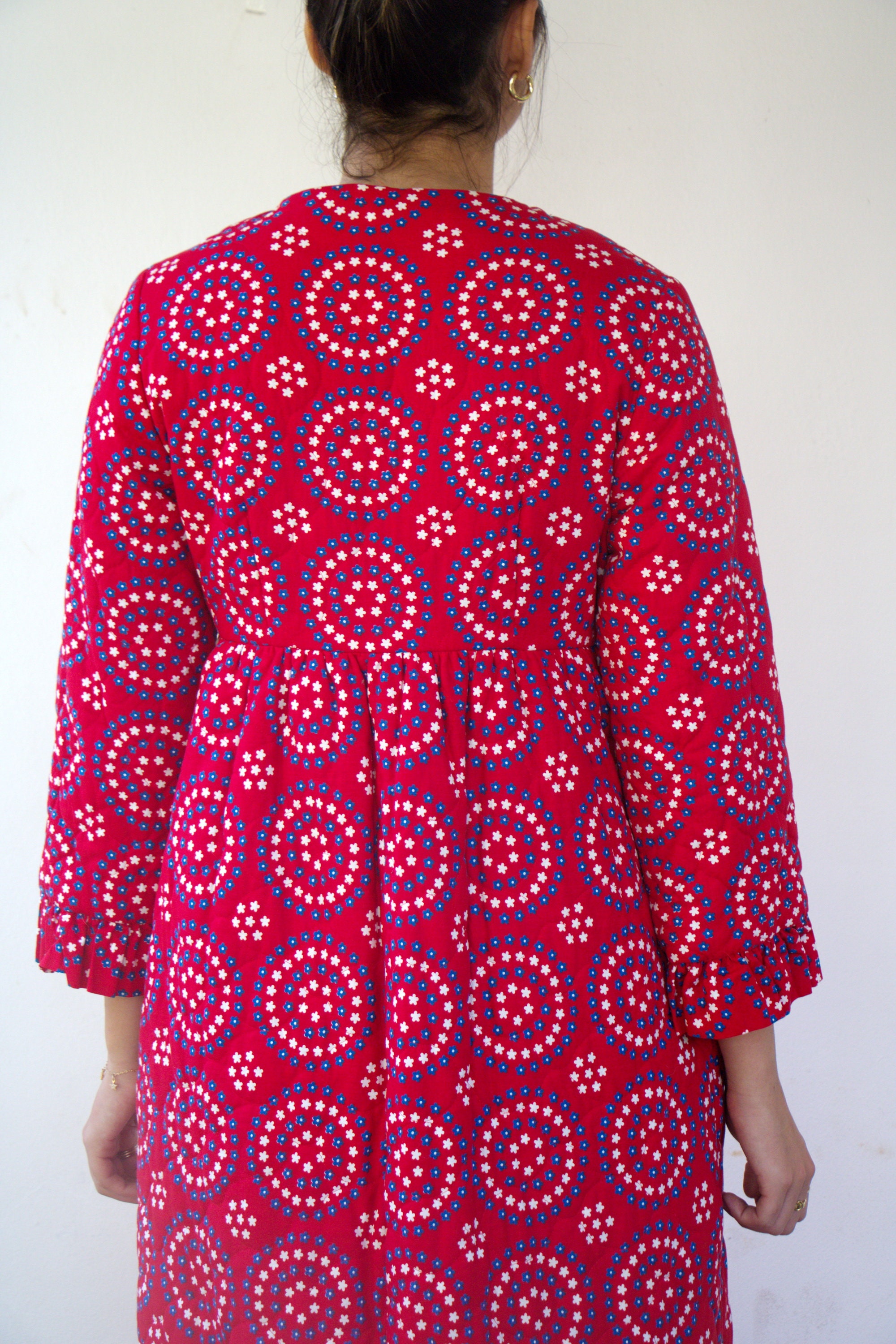 Quilted Puffy Robe Duster Coat, Vintage 60s Boho Hippie Red Blue White ...
