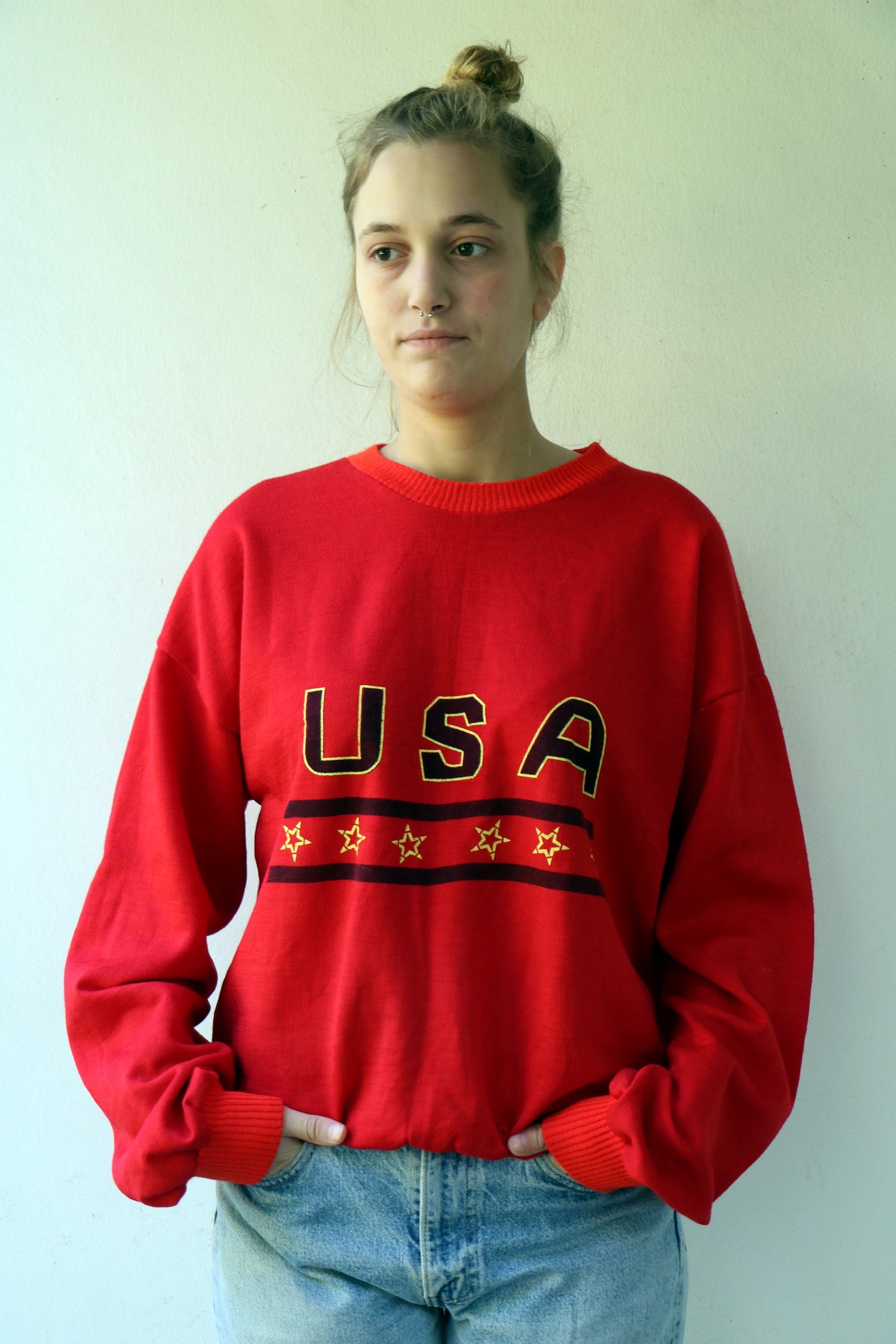 Vintage Red Sweatshirt 70s USA America Crewneck Sweater - Etsy