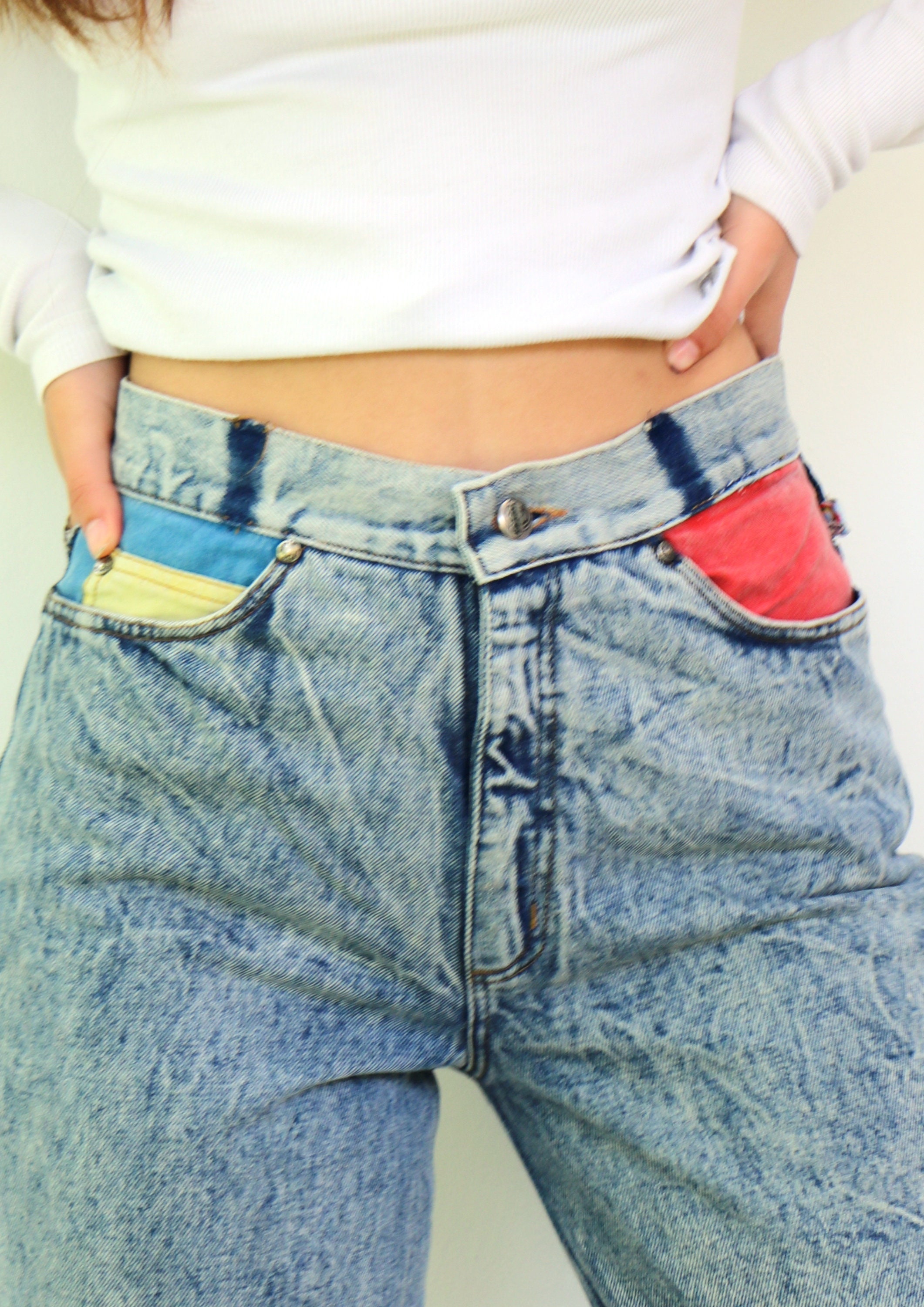 Acid Wash Jeans, Vintage 80s 1980s High Waist Boho Hippy Embroidered ...