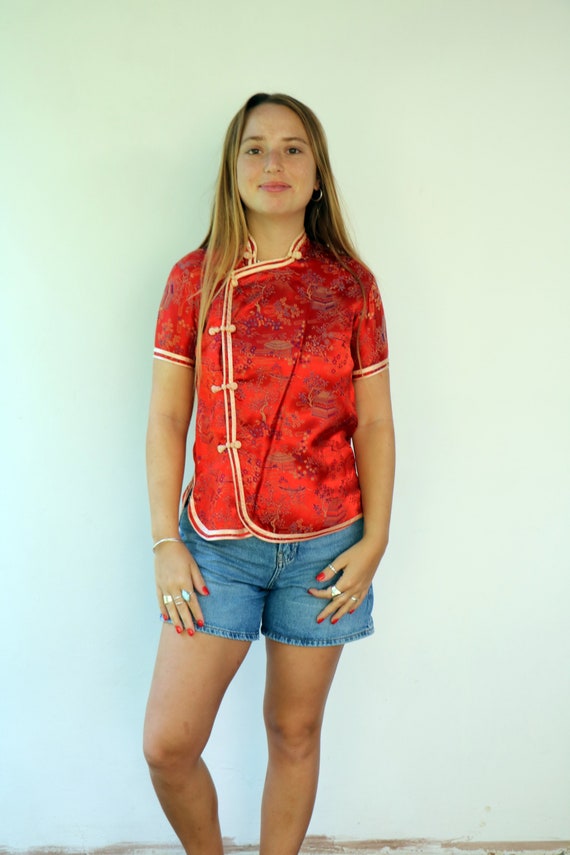 Solz Squirrel Cheongsam Blouse, vintage 60s Boho Hipp… - Gem