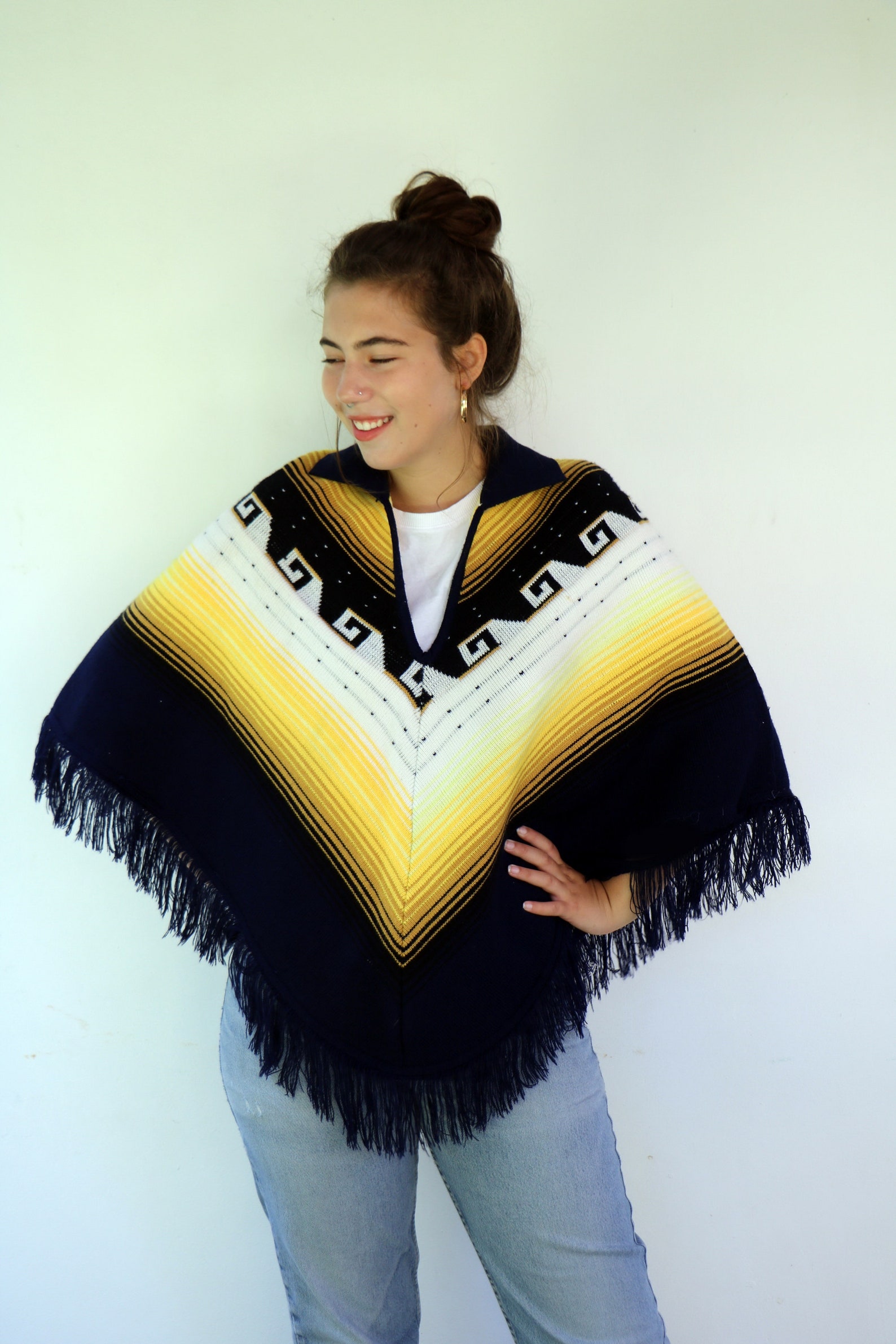 Aztec Poncho Vintage 70s 80s Boho Hippie Blue Yellow Fringe - Etsy