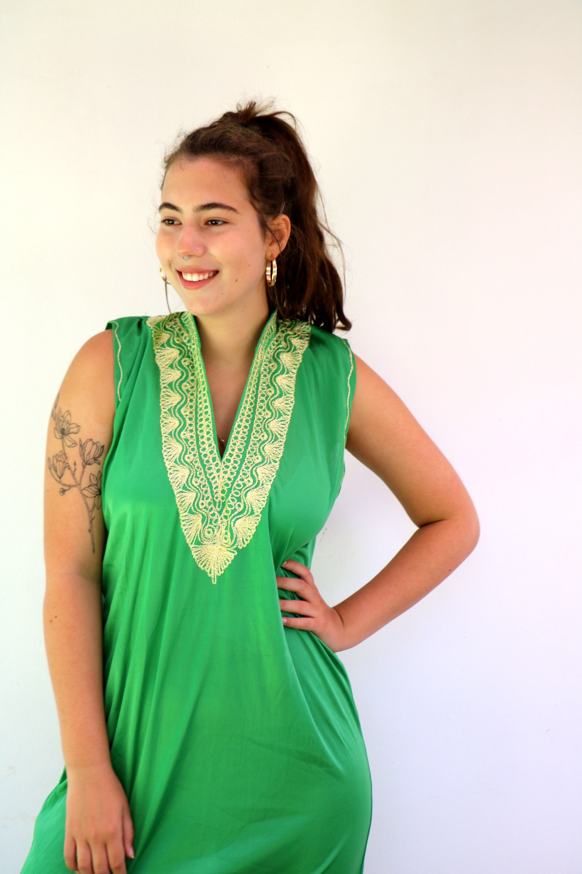 Embroidered Kaftan Dress Vintage Boho Hippie Hippy Green Gold - Etsy