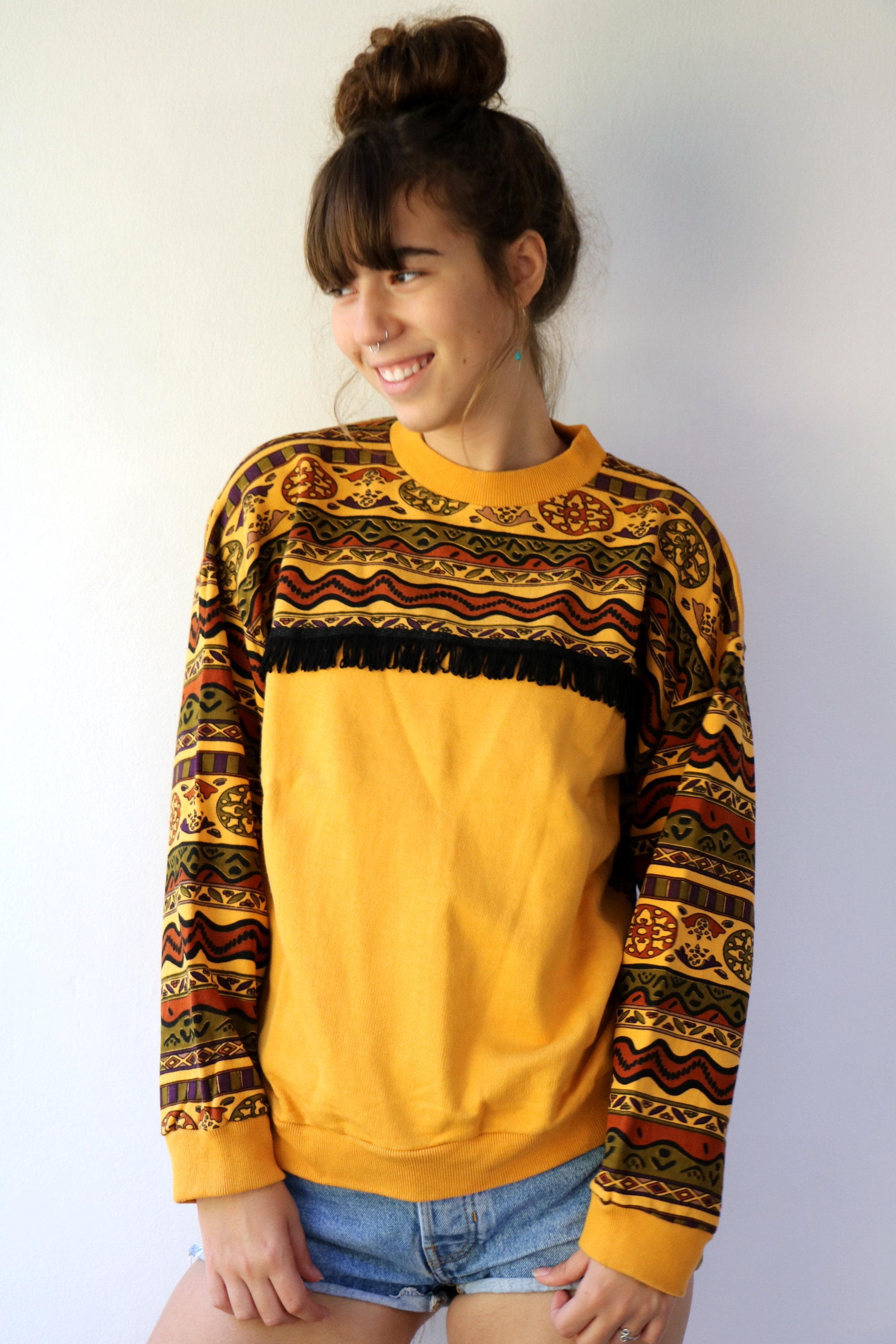 Abstract Fringe Sweatshirt Vintage 80s Boho Hippy Geometric - Etsy