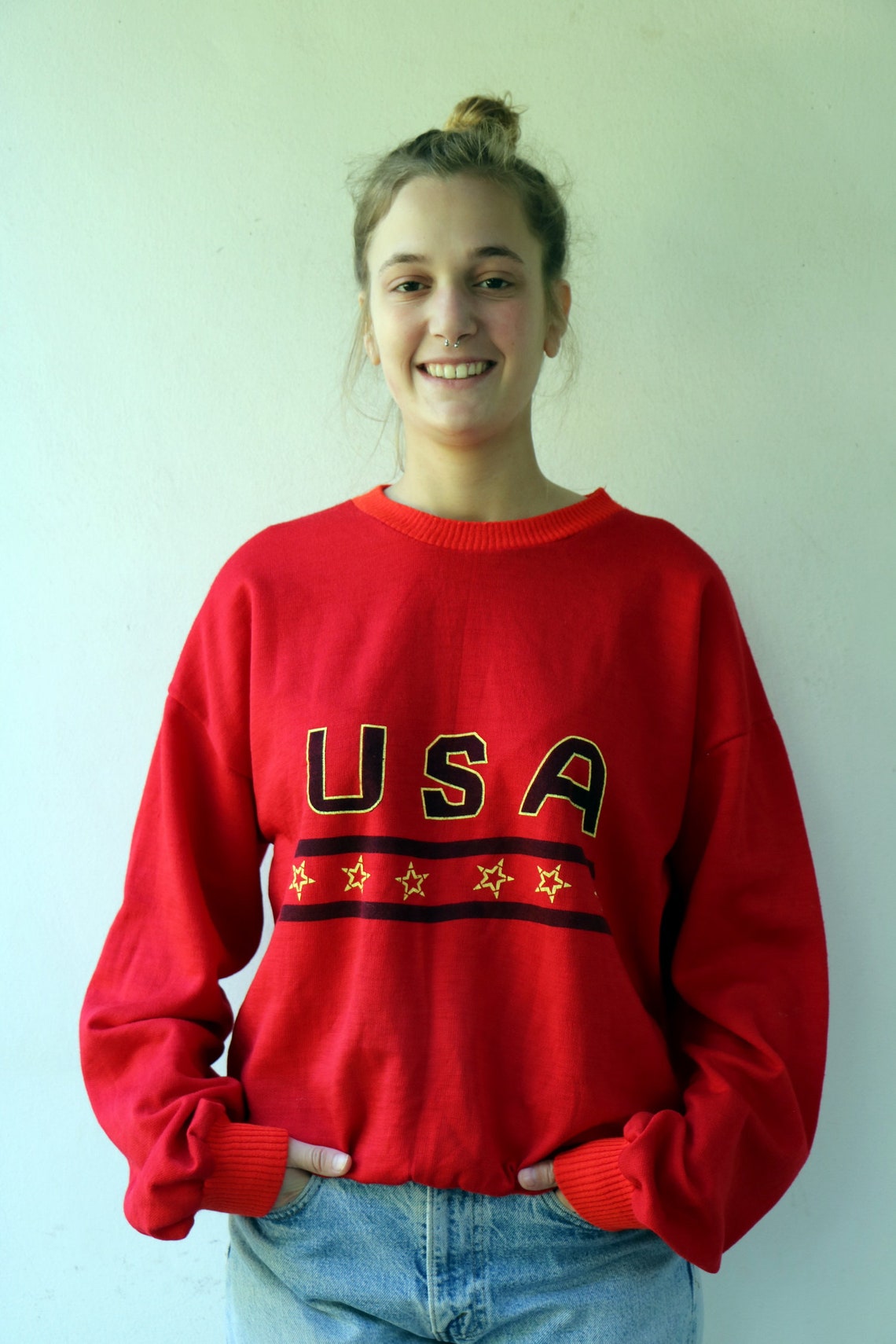 Vintage Red Sweatshirt 70s USA America Crewneck Sweater - Etsy