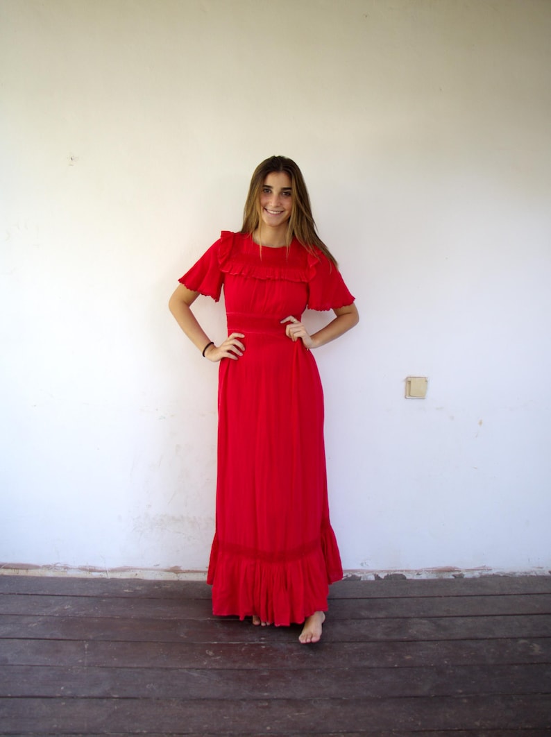 Vintage 70s Red Prairie Maxi Dress, Empire Waist Crochet Lace Ruffle ...