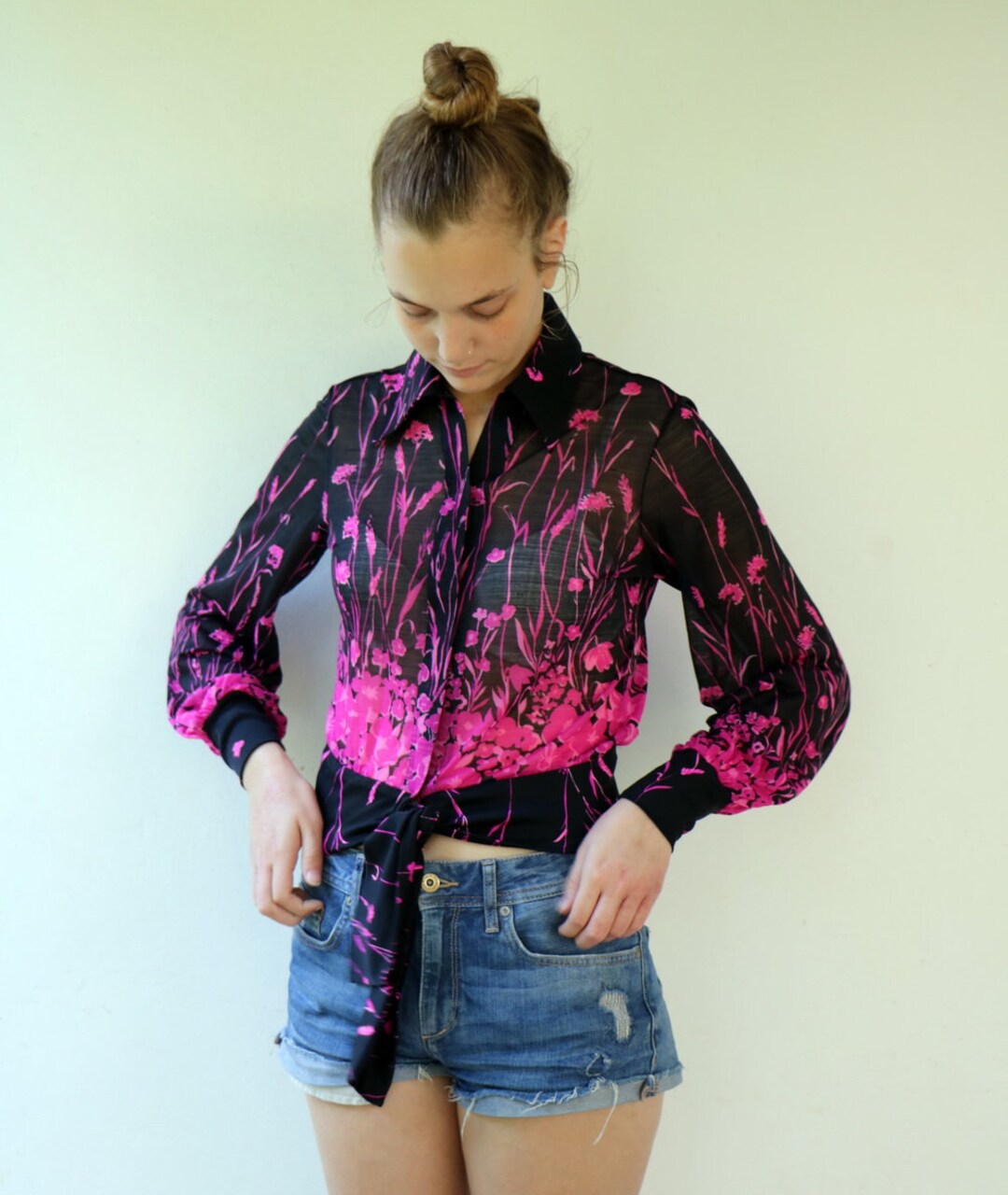 Floral Crop Blouse, Vintage 70s Boho Hippy High Waist Cropped Top Black ...