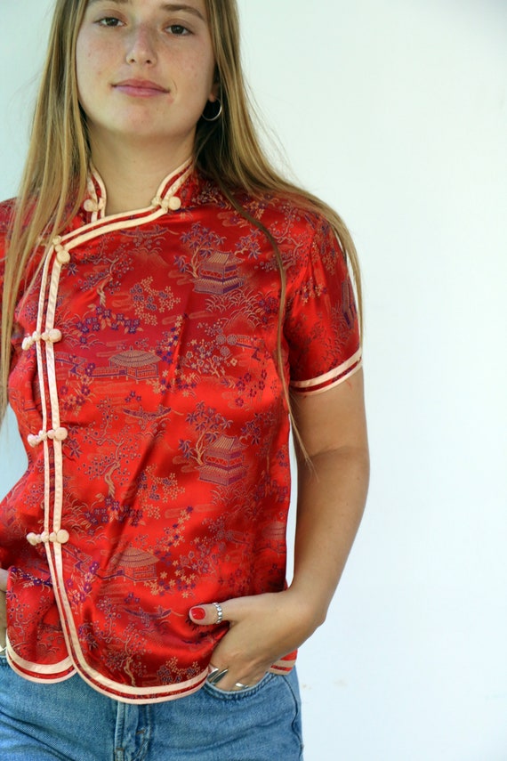 Solz Squirrel Cheongsam Blouse, vintage 60s Boho Hipp… - Gem