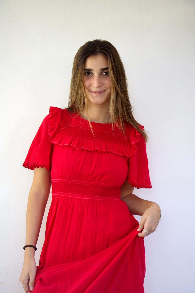 Vintage 70s Red Prairie Maxi Dress, Empire Waist Crochet Lace Ruffle ...