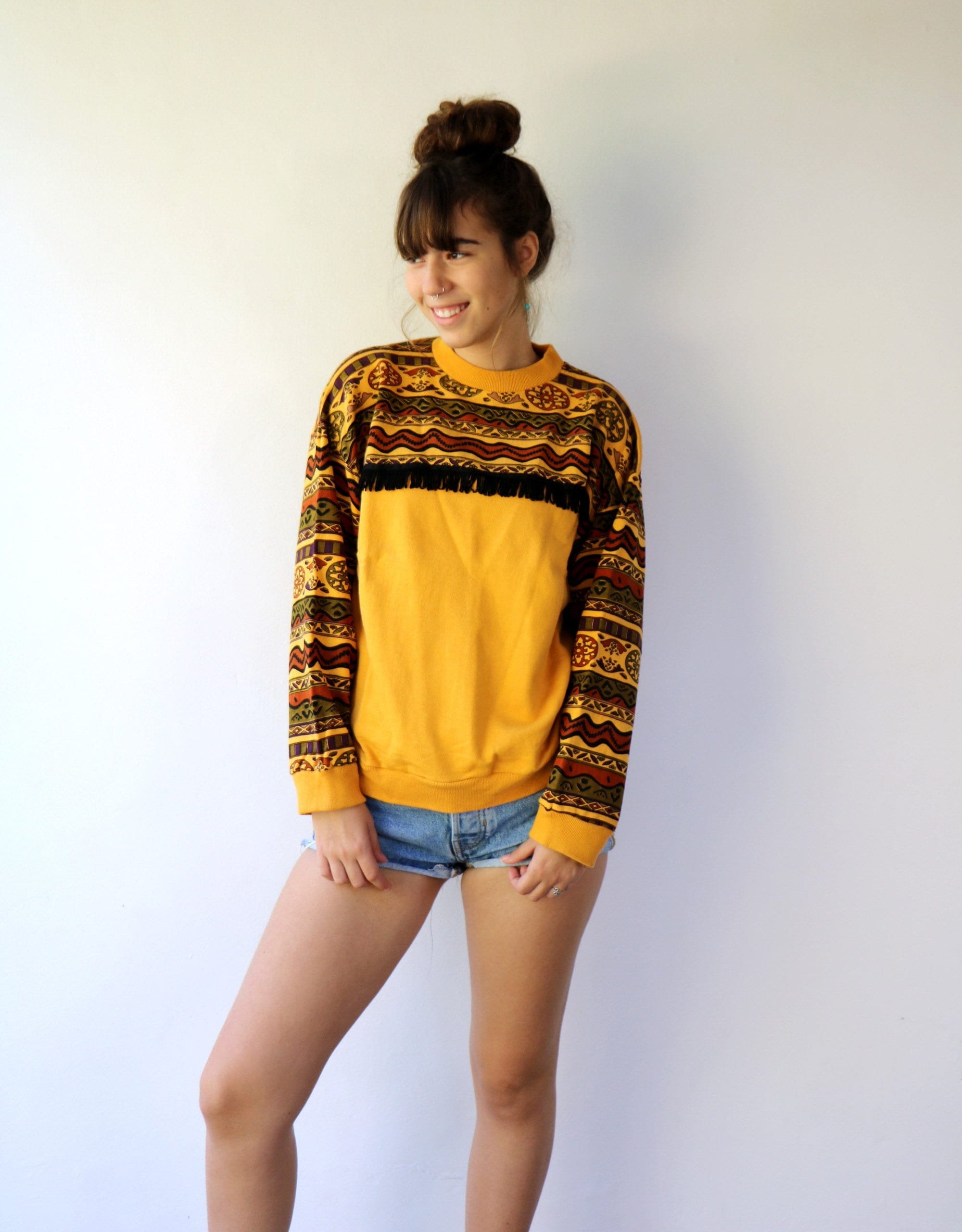 Abstract Fringe Sweatshirt, Vintage 80s Boho Hippy Geometric Yellow ...
