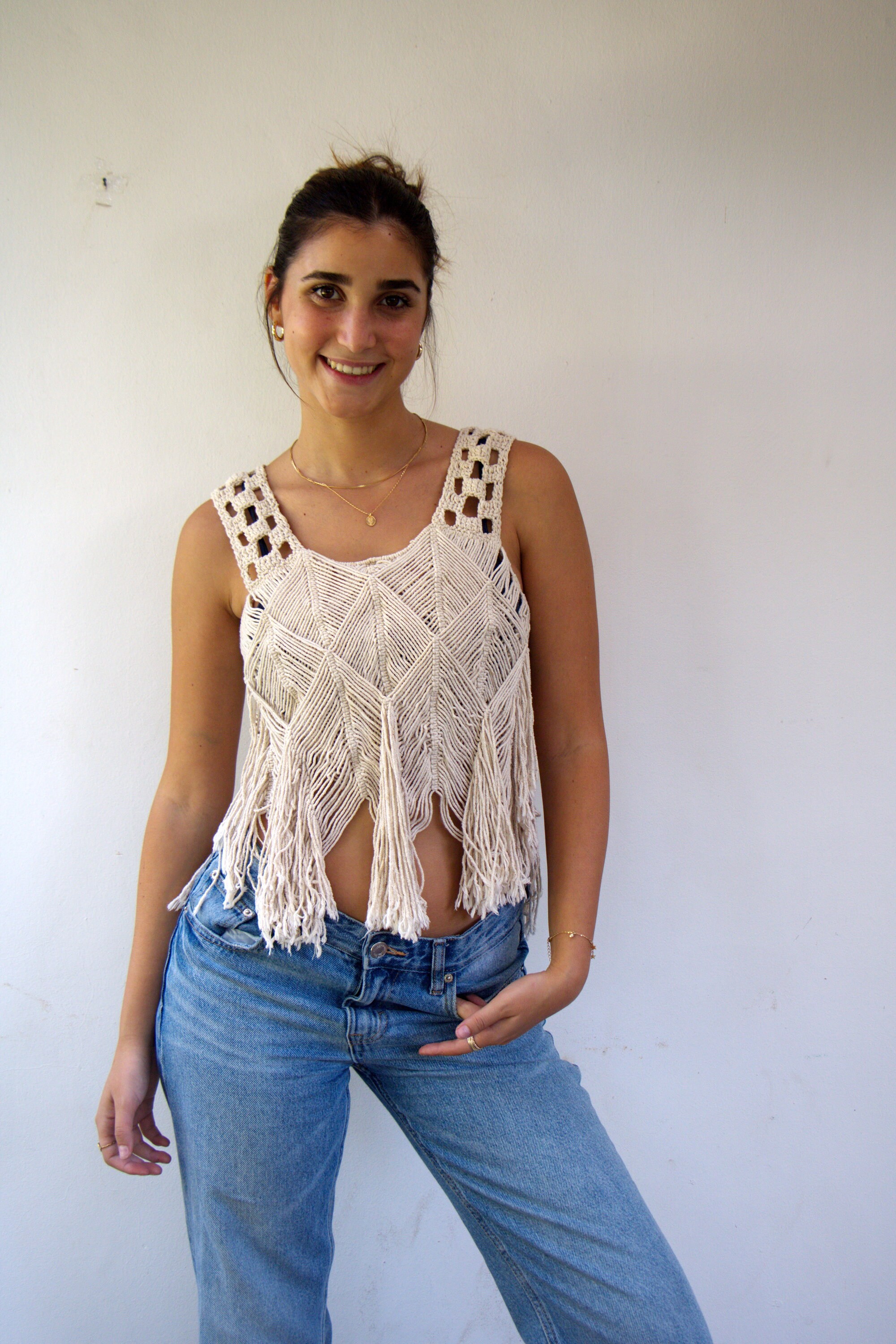 Macrame Crop Top, Vintage Boho Hippy off White Fringed Festival Gypsy ...