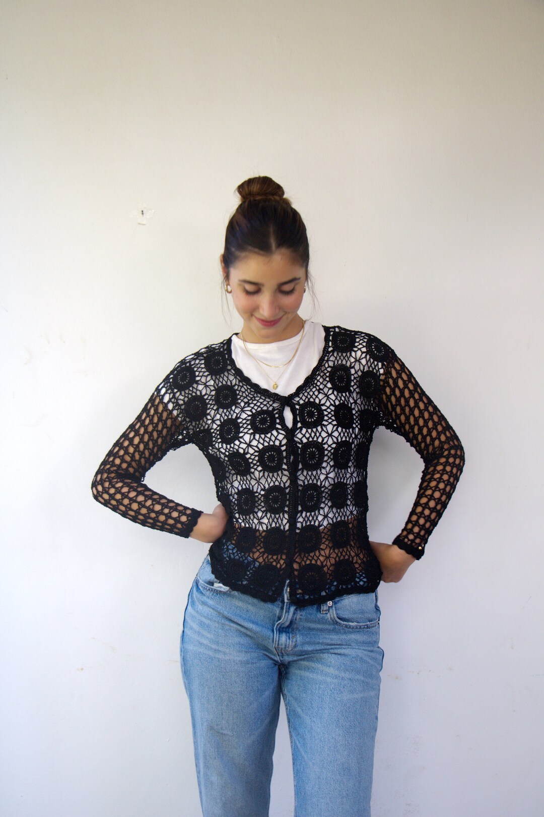 Vintage Black Crochet Cardigan Sheer Cotton Open Knit Button Front Boho ...