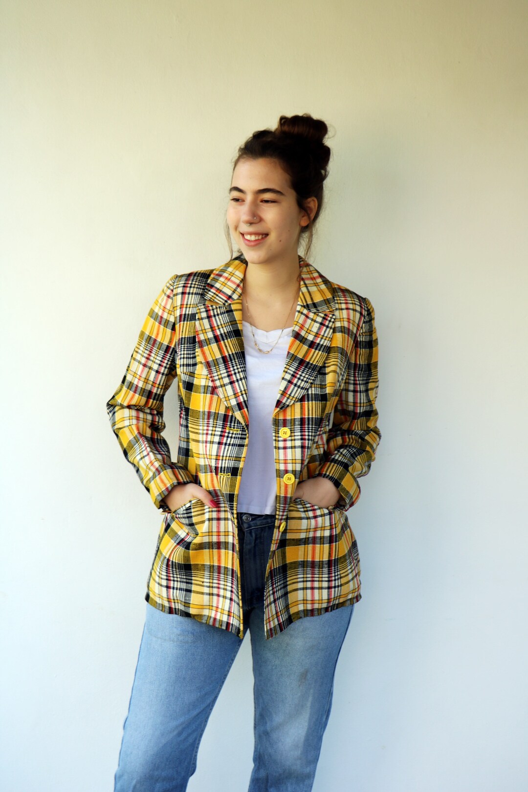 Vintage 60s Yellow Plaid Blazer – Mod Button-up Jacket, Preppy Boho ...