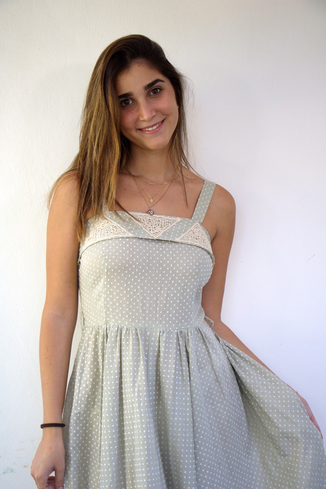 Vintage 1970s Sage Green Polka Dot Lace Midi Dress | Boho Sleeveless ...