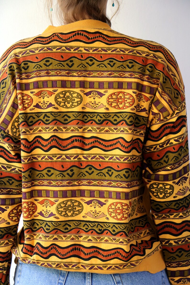 Abstract Fringe Sweatshirt, Vintage 80s Boho Hippy Geometric Yellow ...