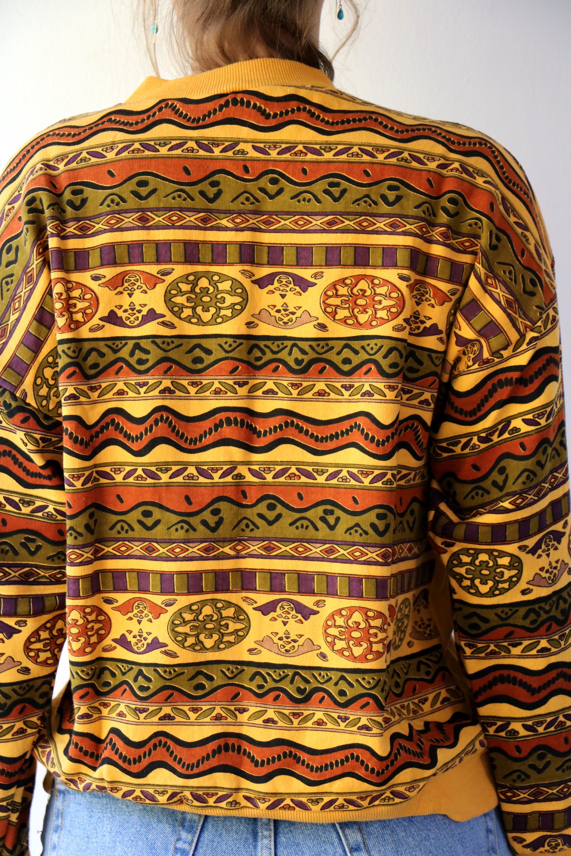 Abstract Fringe Sweatshirt, Vintage 80s Boho Hippy Geometric Yellow ...