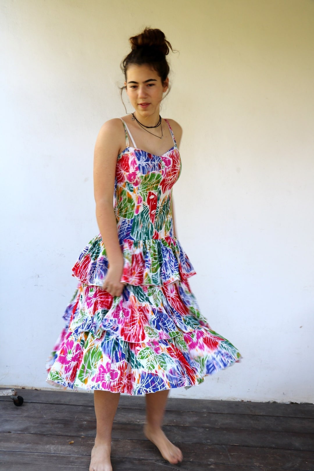 Vintage 80s Floral Tiered Sundress, Colorful Cotton Ruffle Summer Dress ...