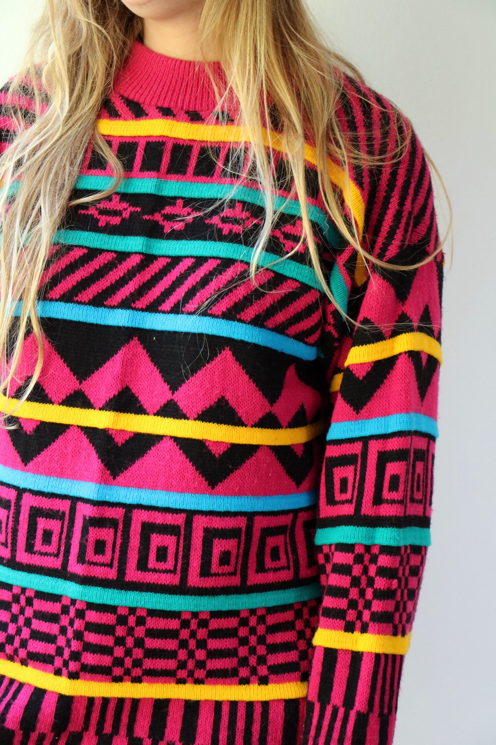 Geometric Sweater Vintage 80s 90s Knit Boho Hippie Pink - Etsy