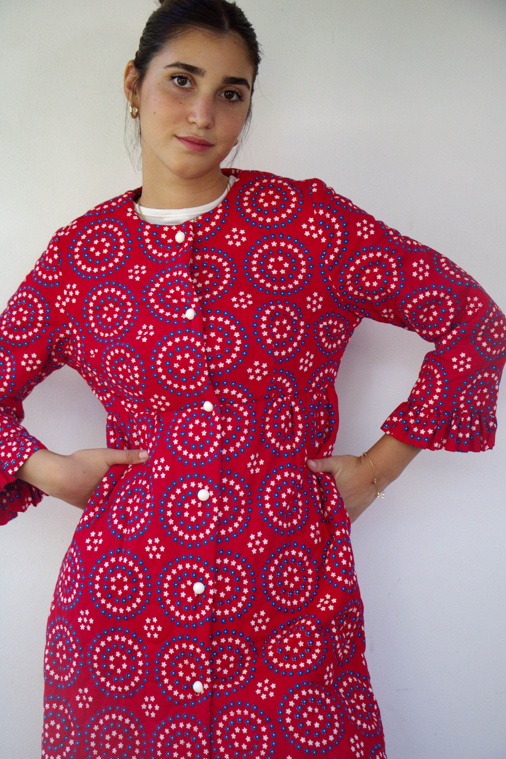 Quilted Puffy Robe Duster Coat, Vintage 60s Boho Hippie Red Blue White ...