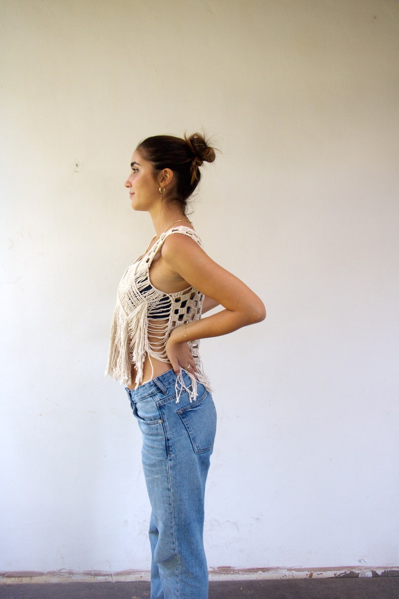 Macrame Crop Top, Vintage Boho Hippy off White Fringed Festival Gypsy ...