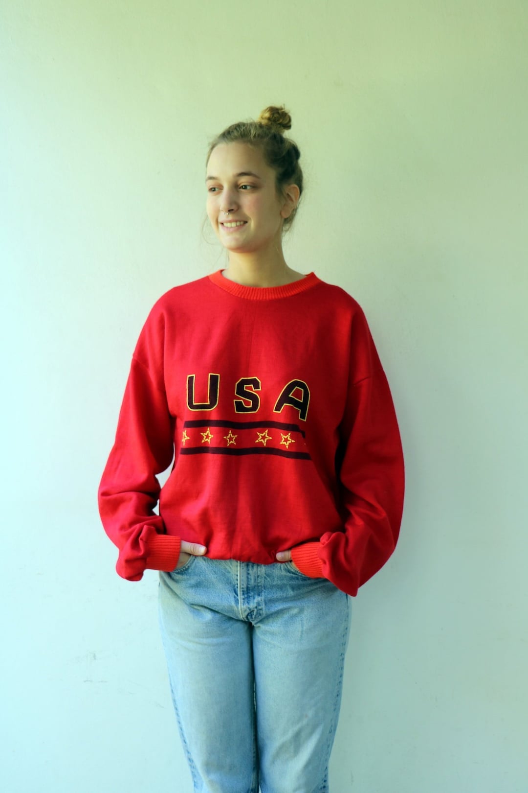 Vintage Red Sweatshirt, 70s USA America Crewneck Sweater T-shirt 1970s ...