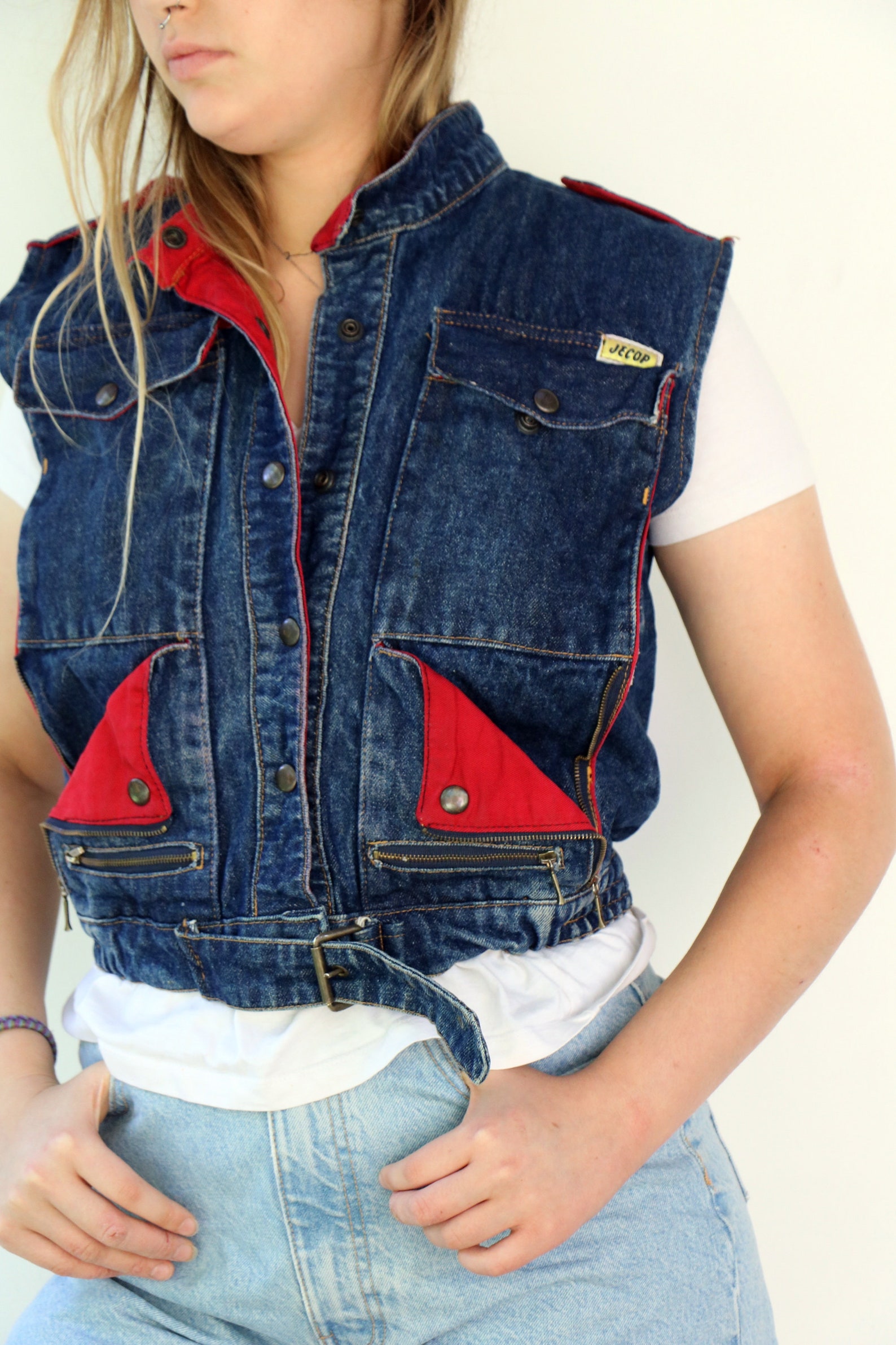 80's Denim Vest Vintage Boho Hippie Blue Red Cropped - Etsy