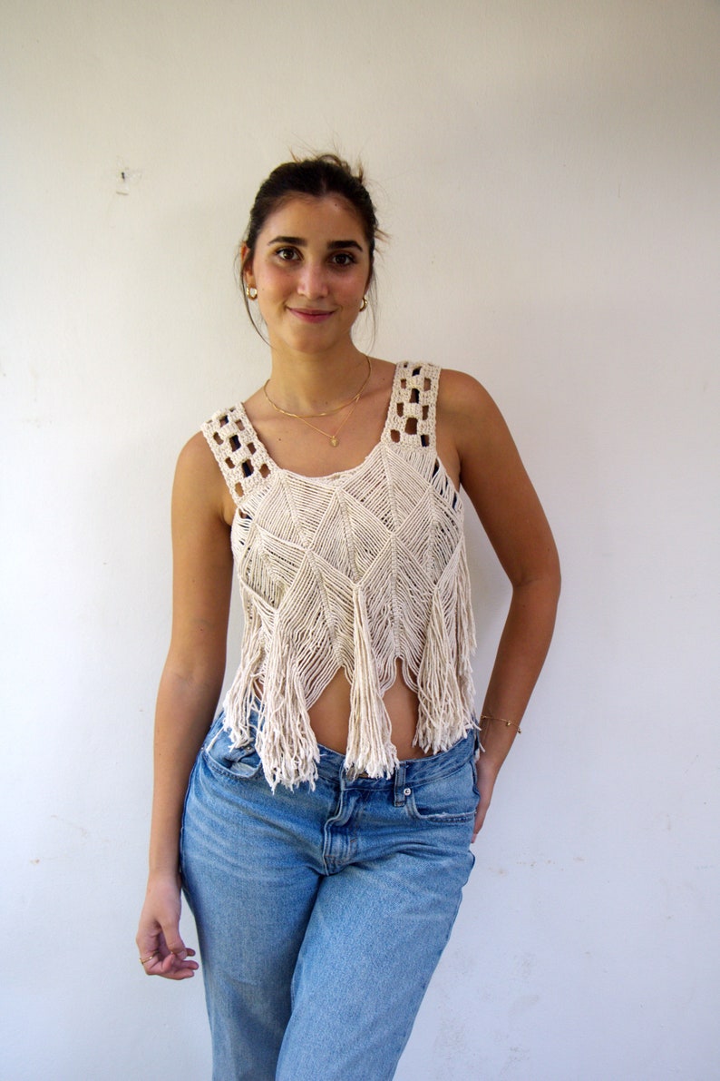 Macrame Crop Top, Vintage Boho Hippy off White Fringed Festival Gypsy ...