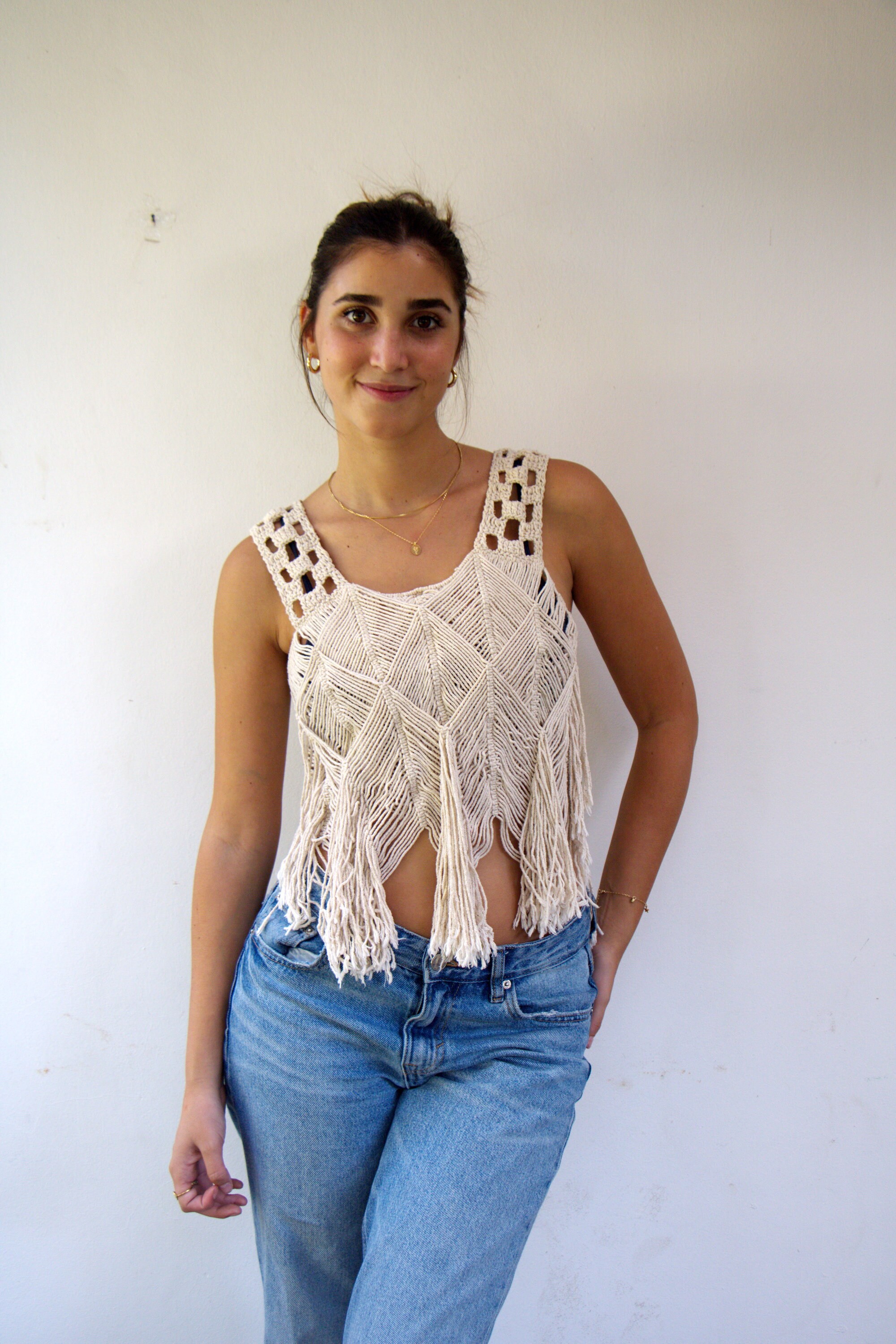 Macrame Crop Top, Vintage Boho Hippy off White Fringed Festival Gypsy ...