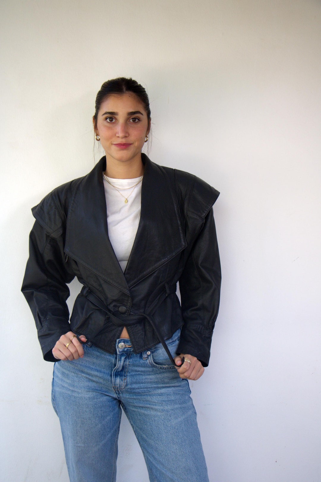 Vintage 80s Black Cropped Leather Jacket – Belted Power-shoulder Moto ...