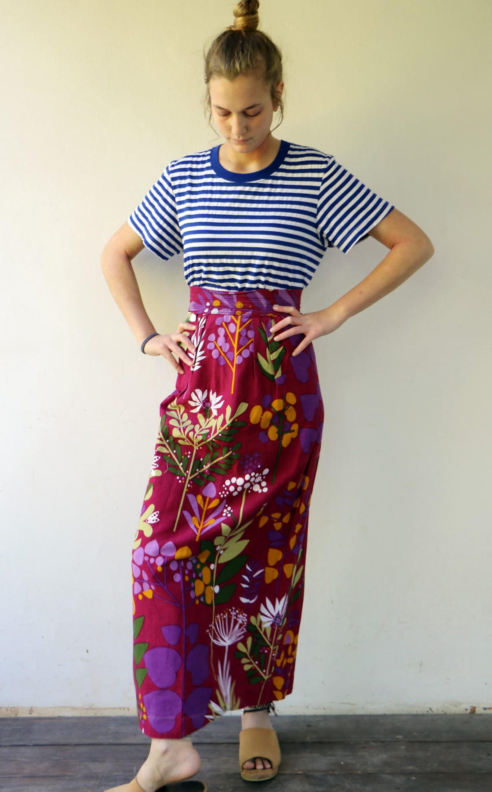 MASKIT 70s Maxi Skirt, Vintage 60s Boho Cotton Colorful Floral Maxi ...