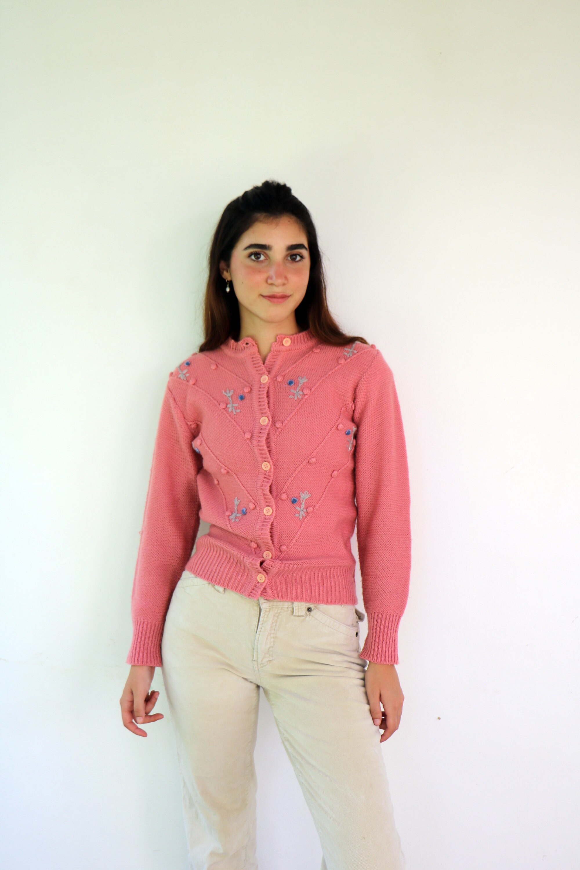 Popcorn Knit Cardigan, Vintage 60s Boho Hippie Crop Pink Embroidered ...