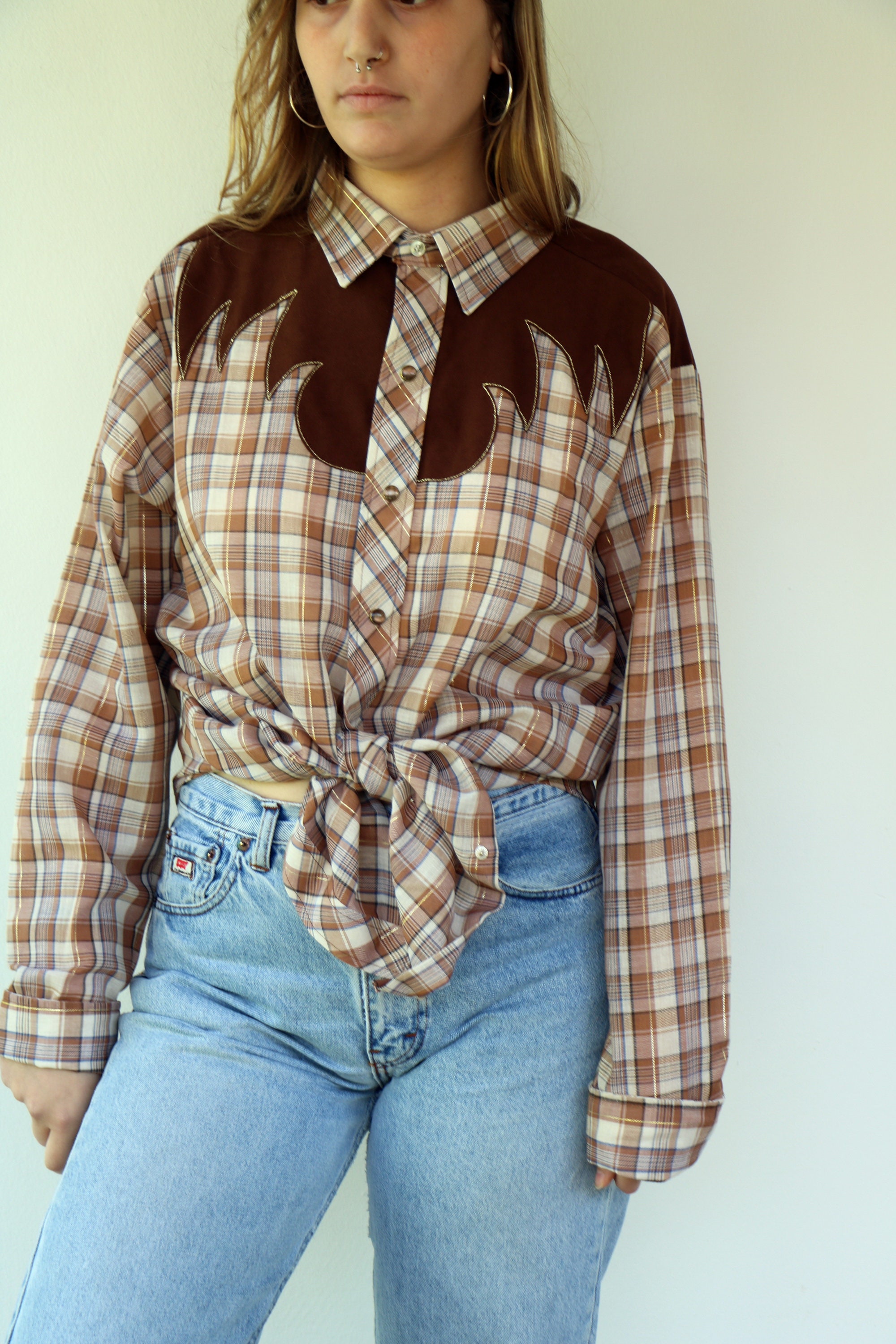 Dee Cee Rangers Blouse Vintage 70s 80s Plaid Brown Gold - Etsy