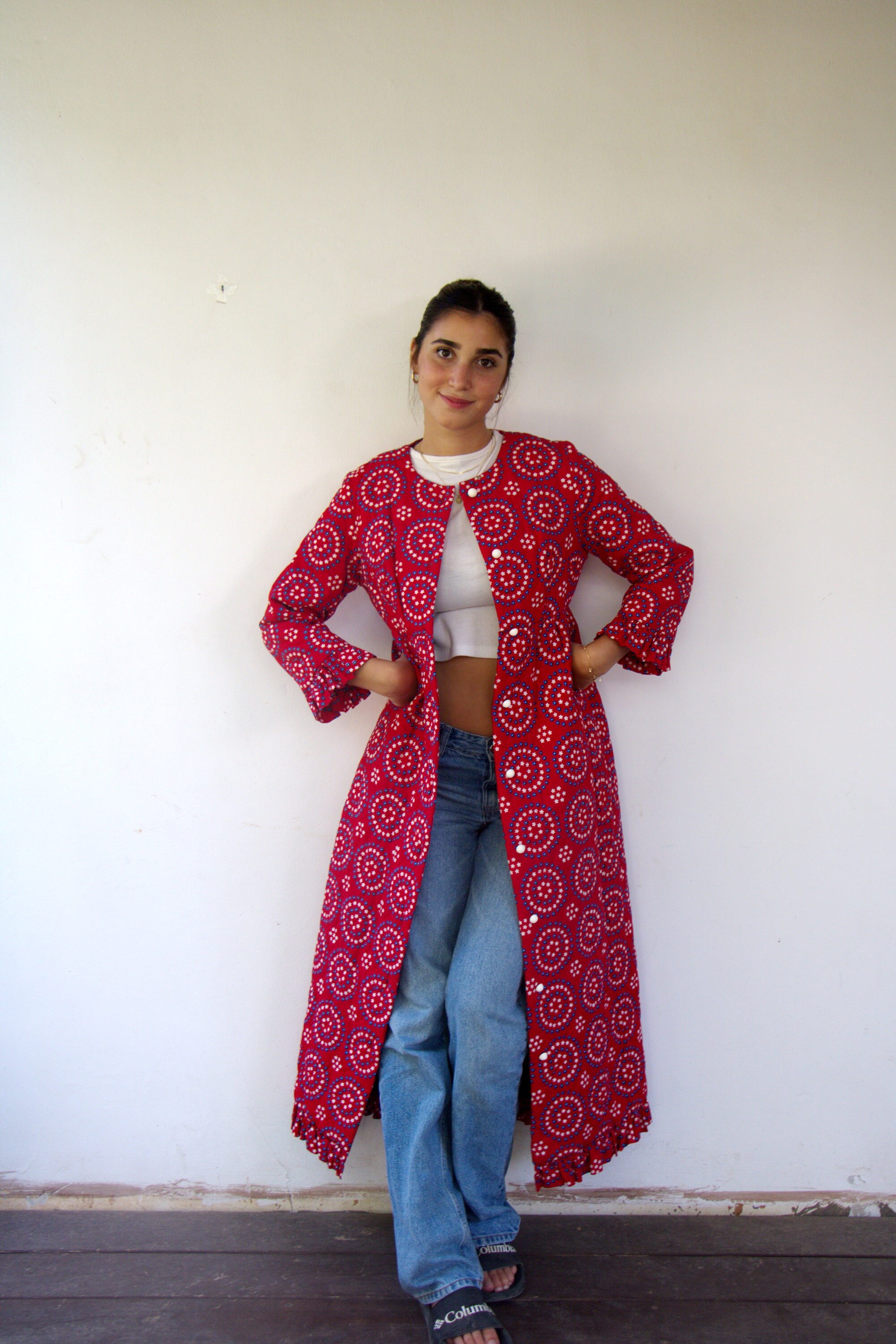 Quilted Puffy Robe Duster Coat, Vintage 60s Boho Hippie Red Blue White ...