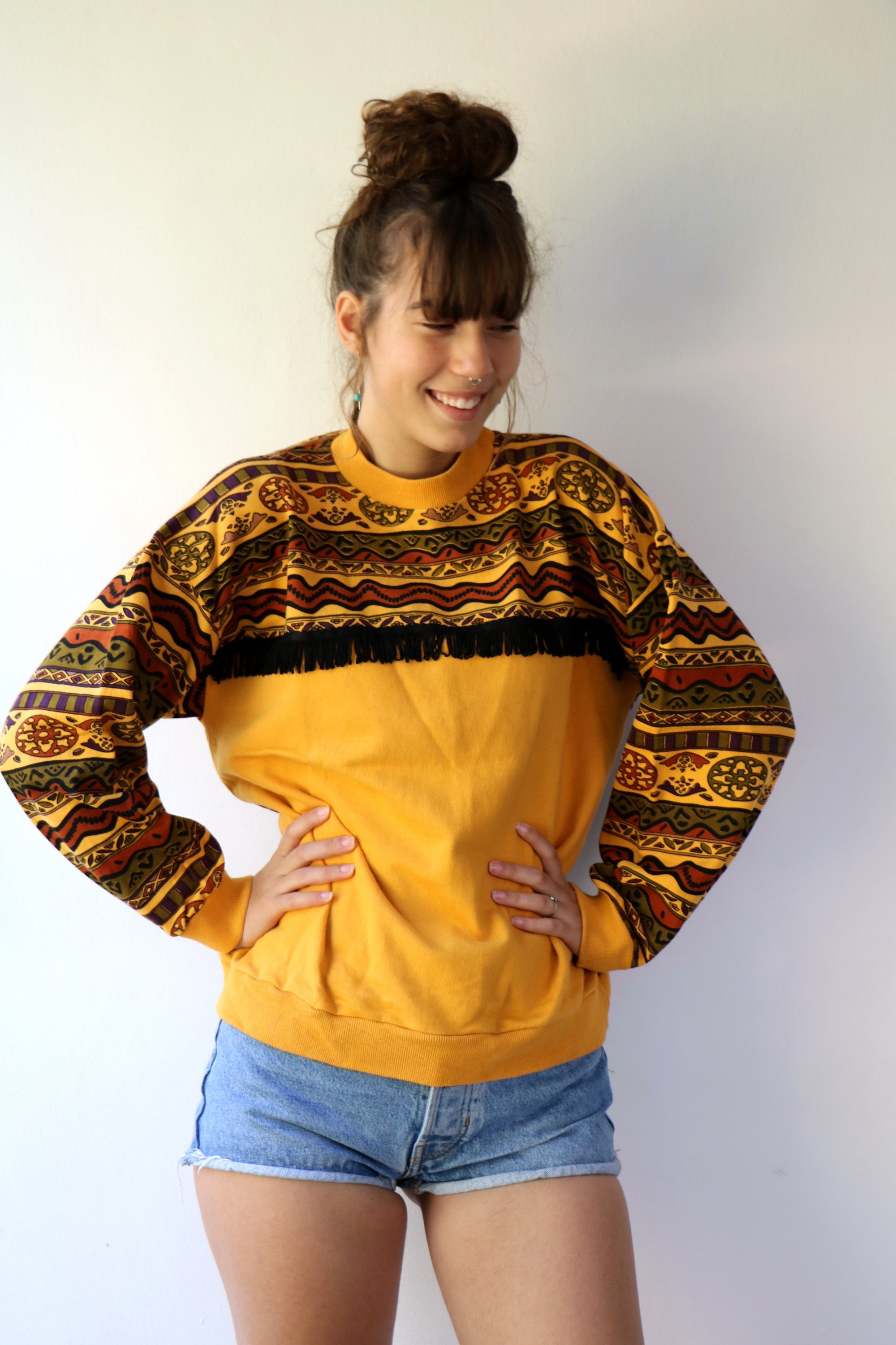 Abstract Fringe Sweatshirt, Vintage 80s Boho Hippy Geometric Yellow ...