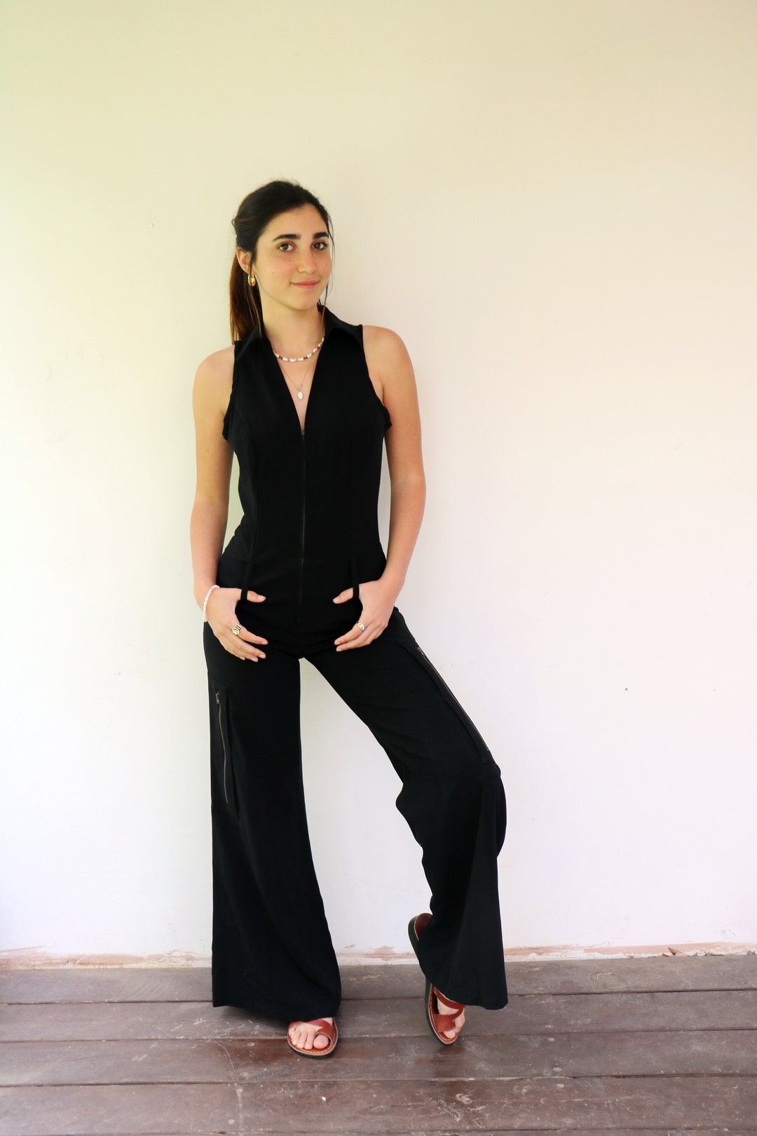 Vintage 80s/90s Black Bell Bottom Jumpsuit – Zip Front Sleeveless ...