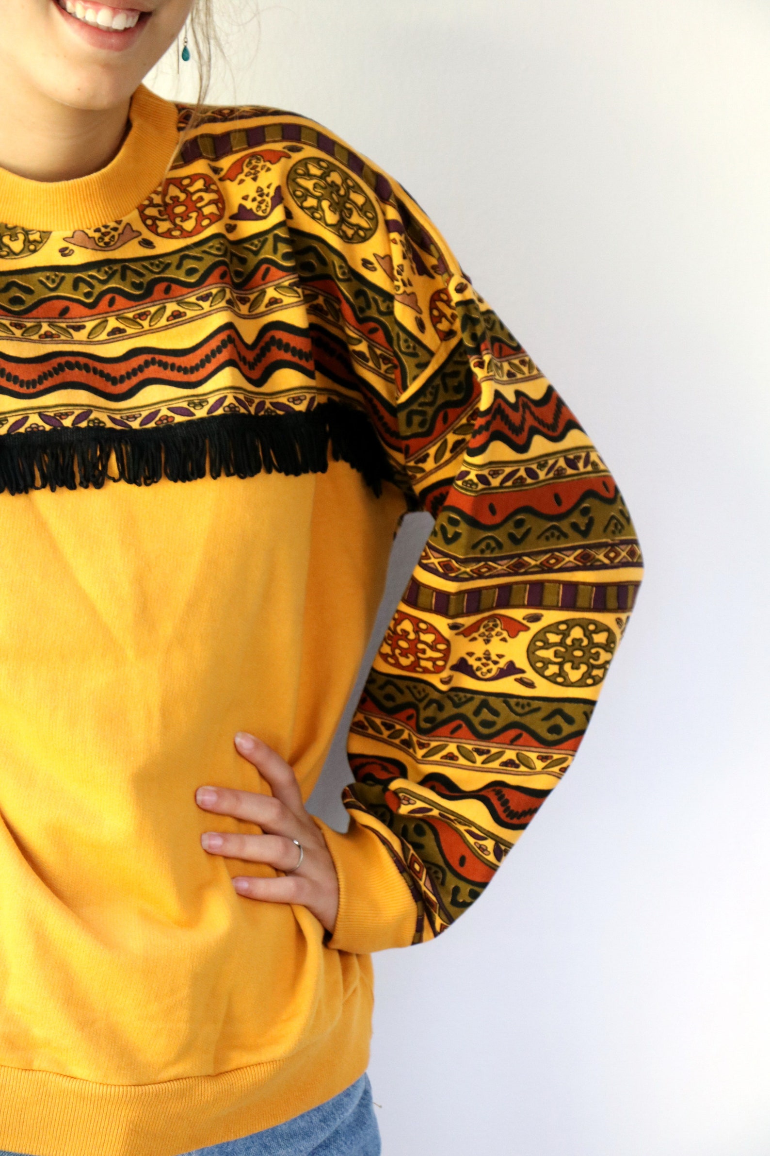 Abstract Fringe Sweatshirt, Vintage 80s Boho Hippy Geometric Yellow ...