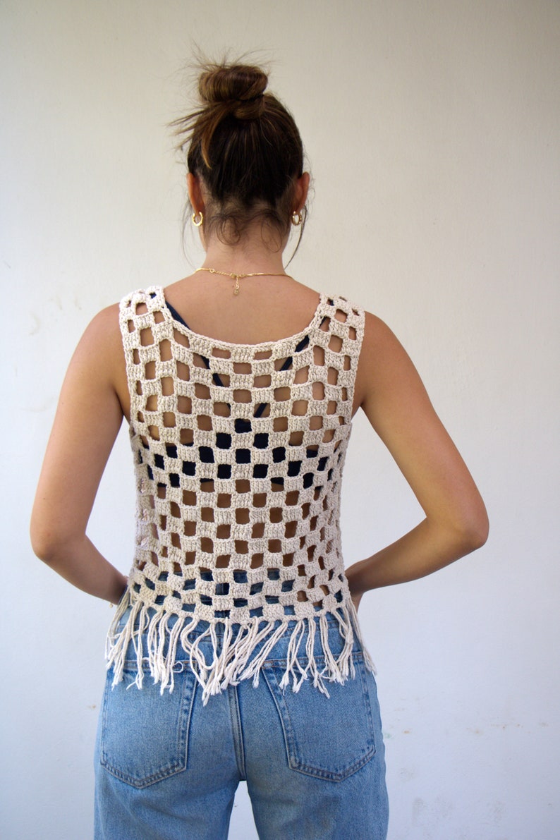 Macrame Crop Top, Vintage Boho Hippy off White Fringed Festival Gypsy ...
