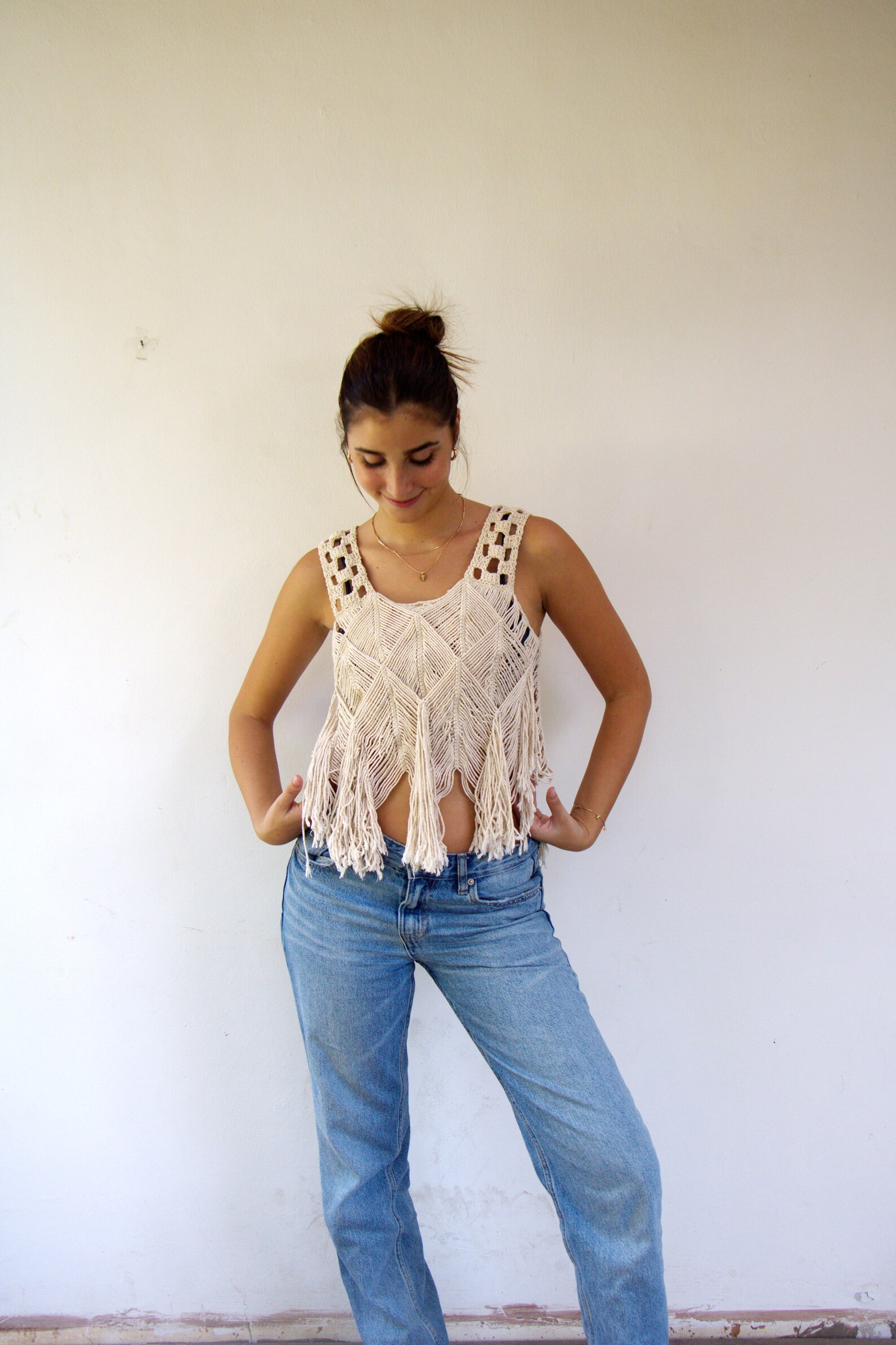 Macrame Crop Top, Vintage Boho Hippy off White Fringed Festival Gypsy ...